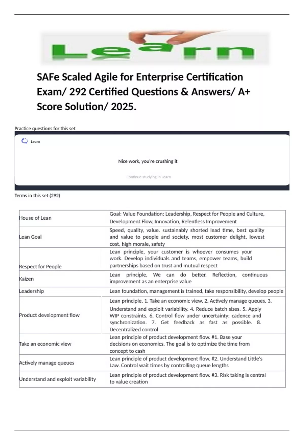 Safe Scaled Agile For Enterprise Certification Exam 292 Certified Questions And Answers A Score