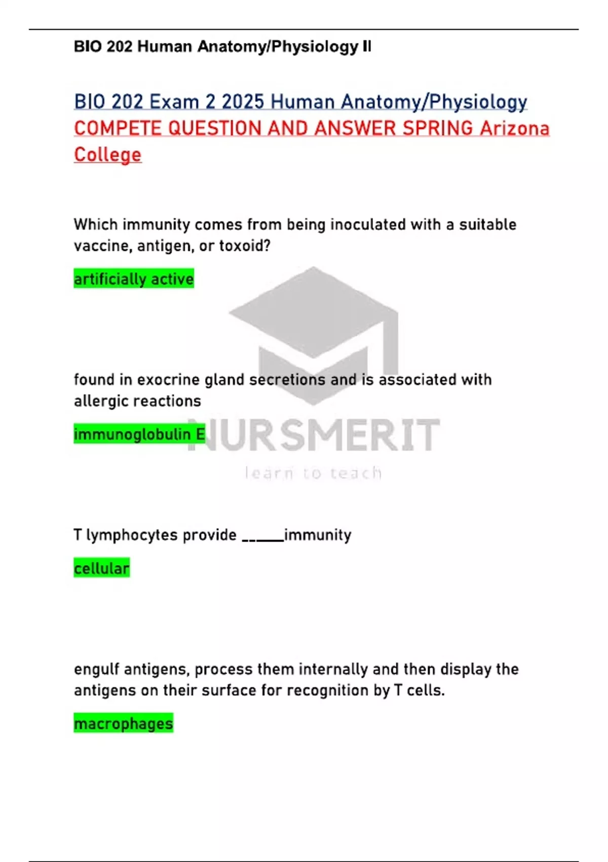 BIO 202 Exam 2 2025 Human Anatomy/Physiology COMPETE QUESTION AND ...