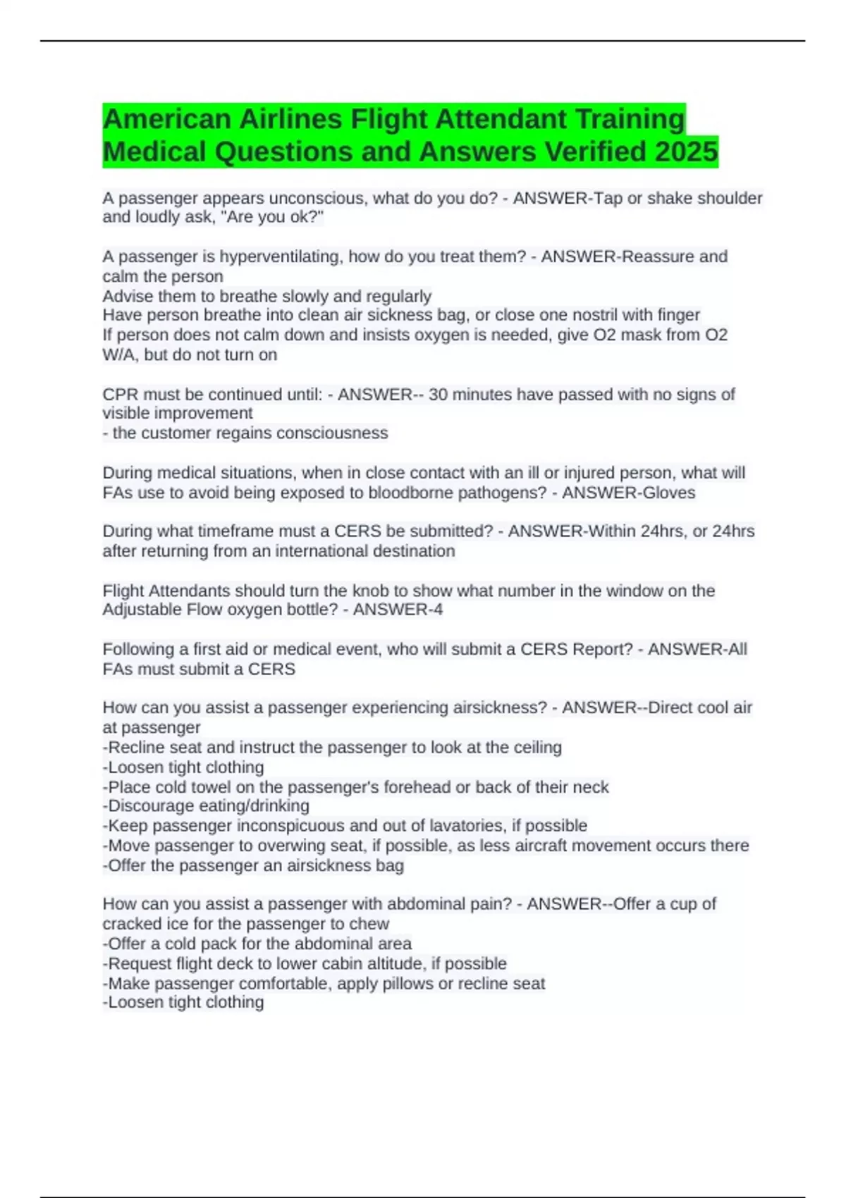 American Airlines Flight Attendant Training Medical Questions and ...