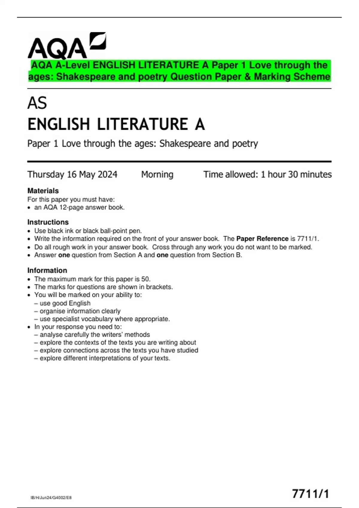 AQA A-Level ENGLISH LITERATURE A Paper 1 Love through the ages ...
