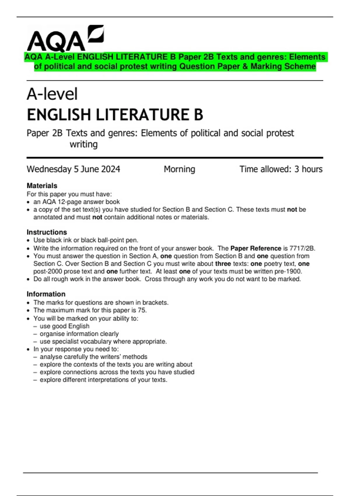 AQA A-Level ENGLISH LITERATURE B Paper 2B Texts and genres: Elements of ...