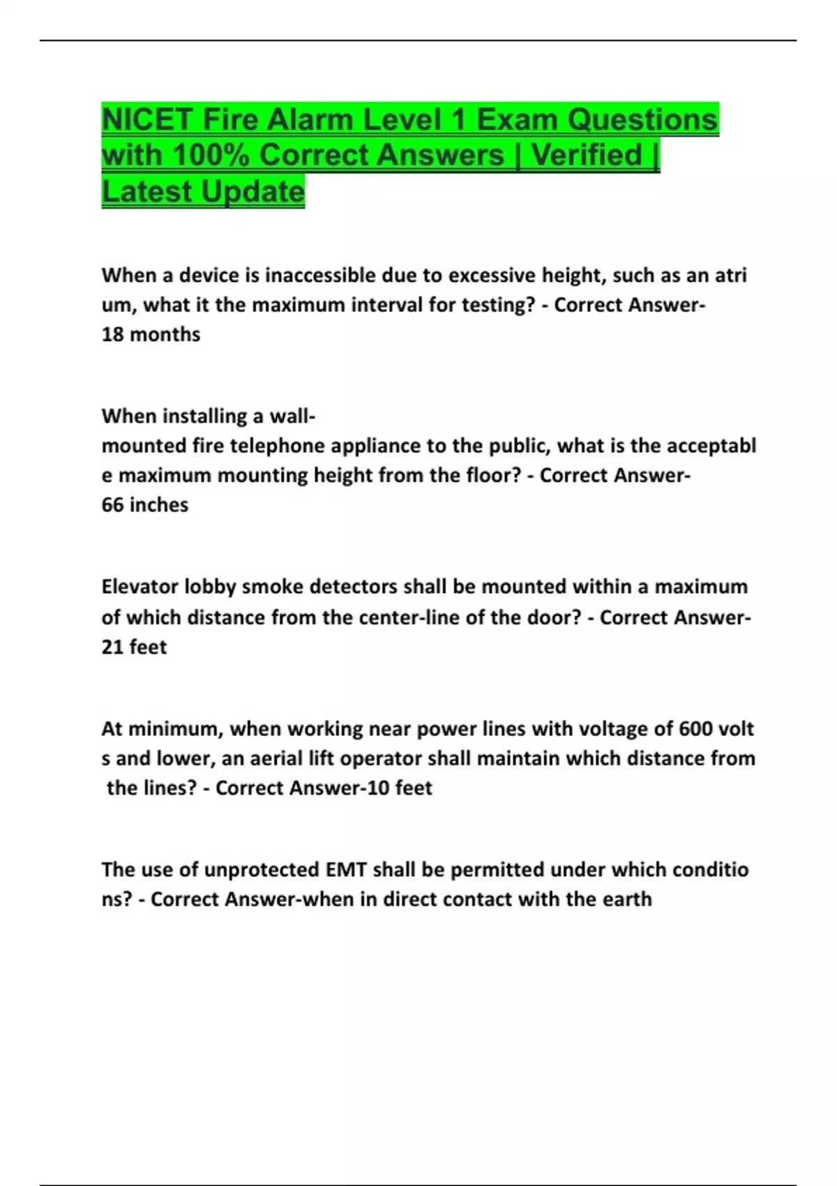 NICET Fire Alarm Level 1 Exam Questions with 100% Correct Answers ...