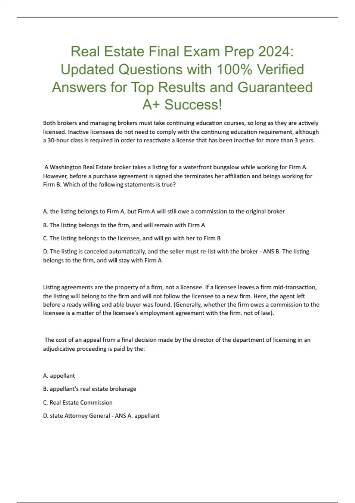 Real Estate Final Exam Prep 2024: Updated Questions with 100% Verified Answers for Top Results ...