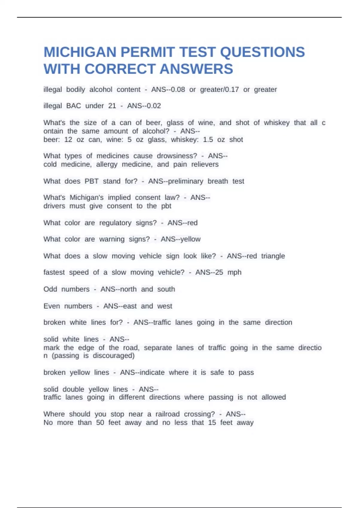 MICHIGAN PERMIT TEST QUESTIONS WITH CORRECT ANSWERS - MICHIGAN STATE ...