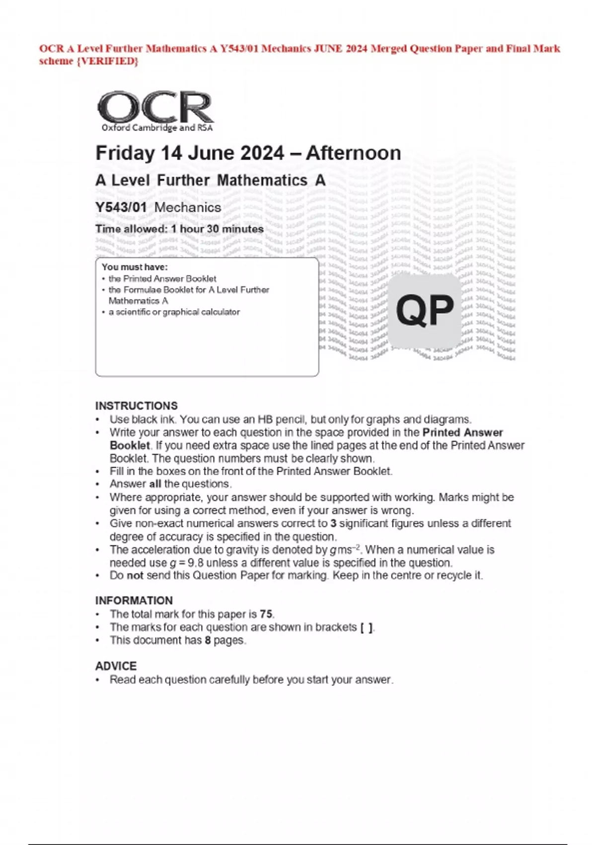 OCR A Level Further Mathematics A Y543/01 Mechanics JUNE 2024 Merged Question Paper and Final ...