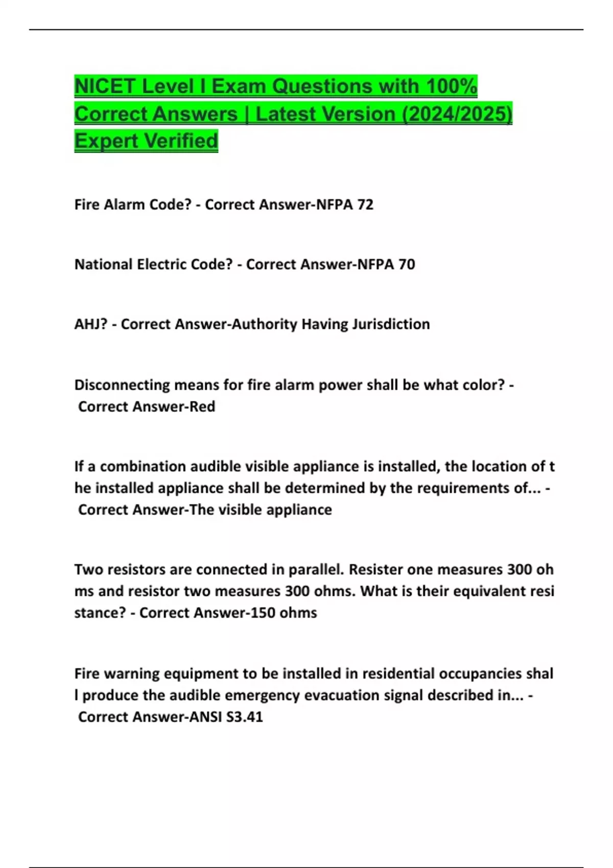 NICET Level I Exam Questions with 100% Correct Answers | Latest Version ...