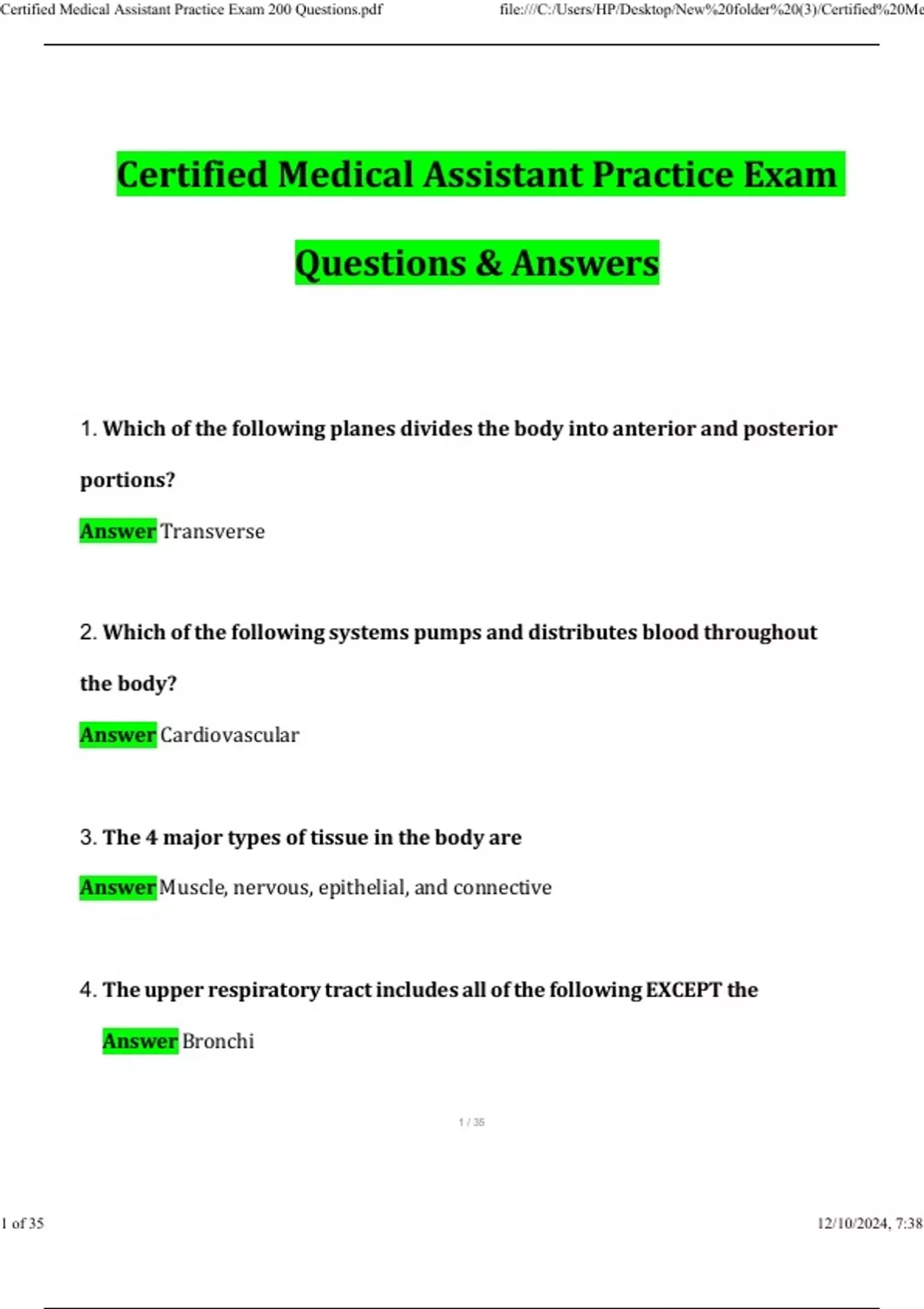 CMA Certified Medical Assistant Practice Exam 200 Questions 2025 Newest ...