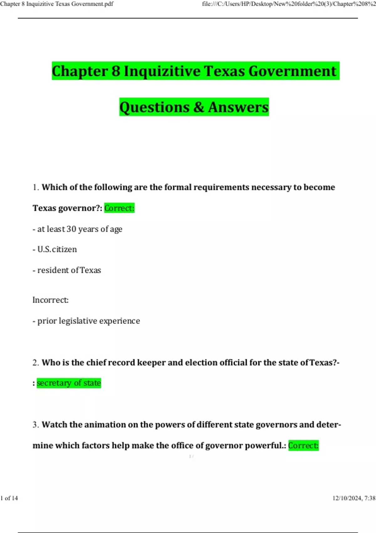 Texas Government Chapter 8 Inquizitive 2025 Newest Questions & Answers 100% Correct 2025 / 2026 ...