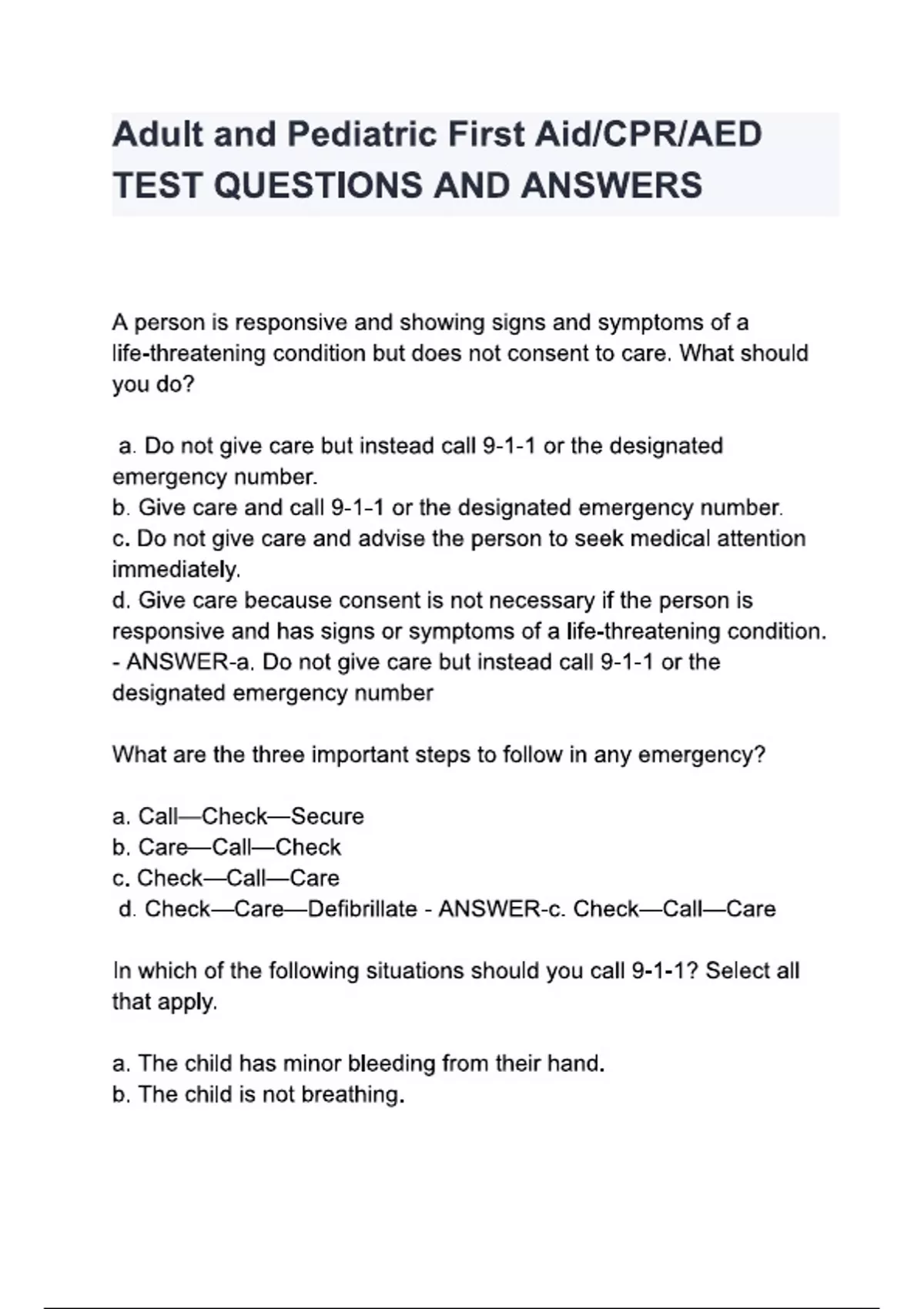 Adult and Pediatric First Aid-CPR-AED TEST QUESTIONS AND ANSWERS - CPR ...