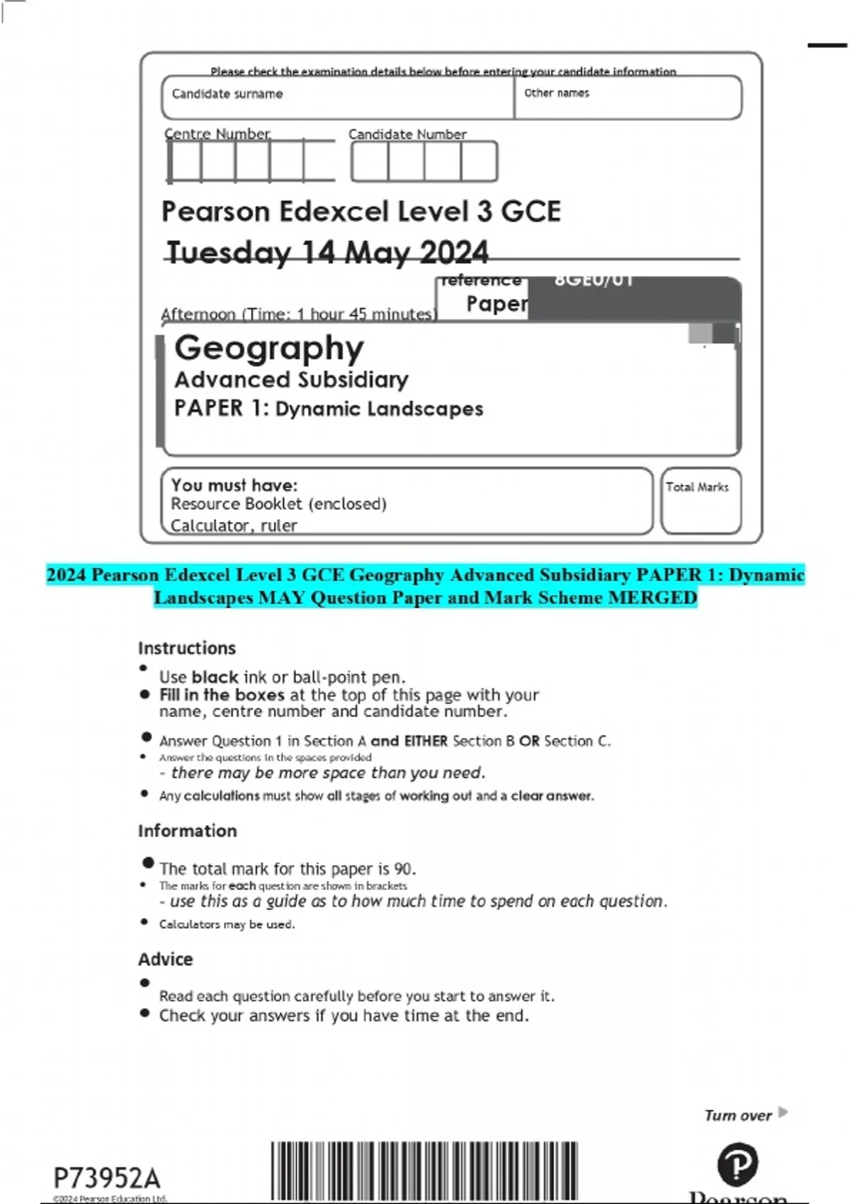 EXAMS BUNDLE::::2024 Pearson Edexcel Level 3 GCE Geography Advanced ...