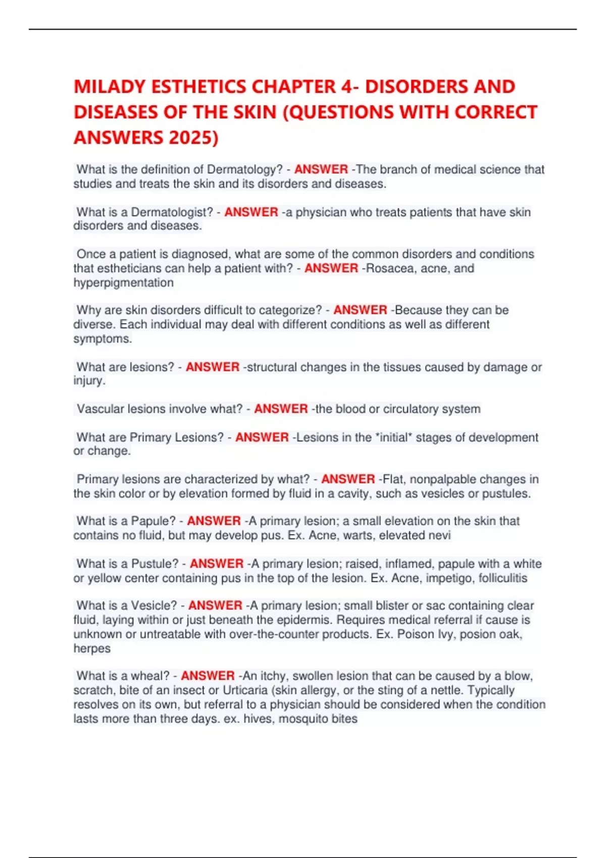 MILADY ESTHETICS CHAPTER 4- DISORDERS AND DISEASES OF THE SKIN ...