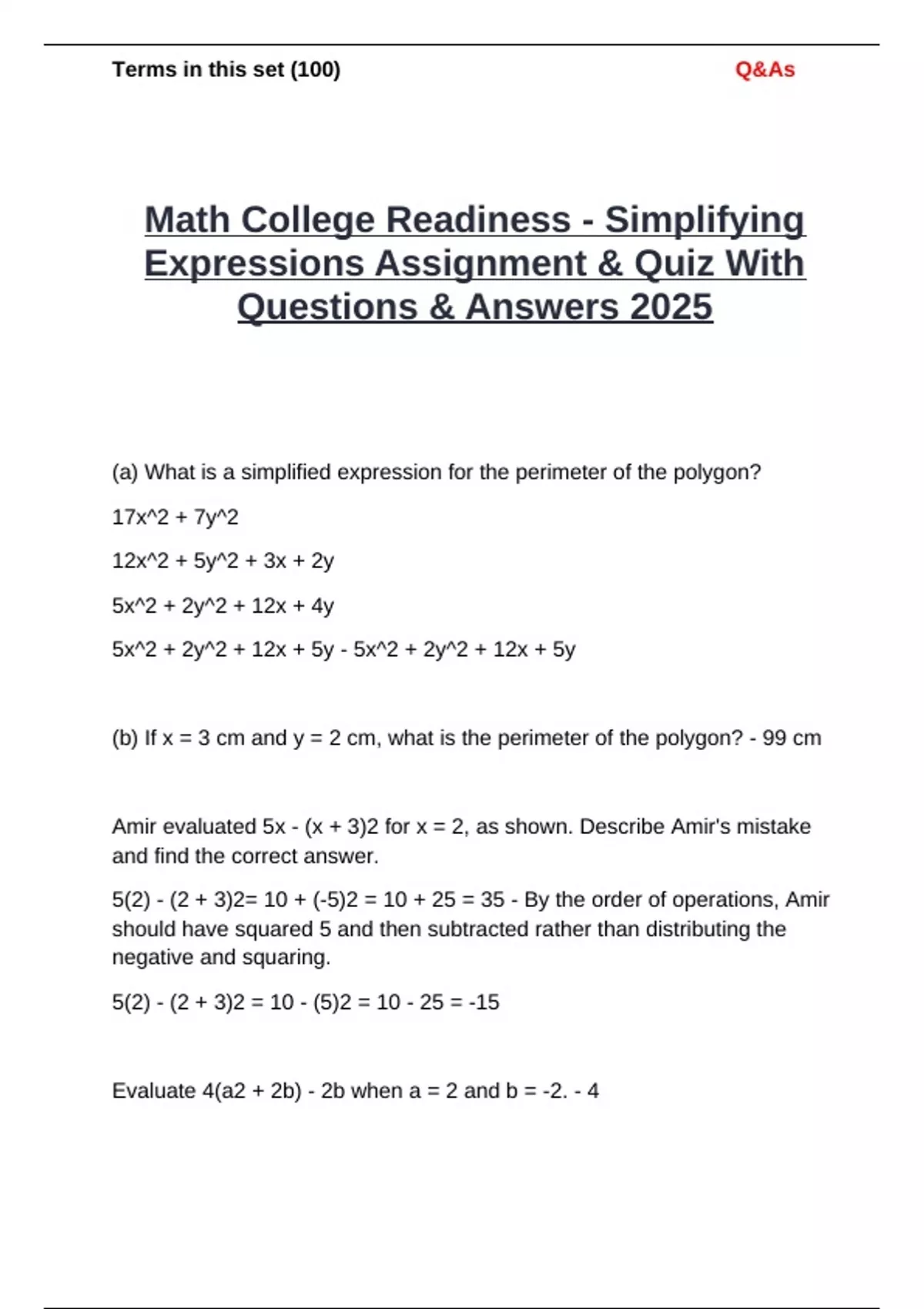 Math College Readiness - Simplifying Expressions Assignment & Quiz With Questions & Answers 2025 ...