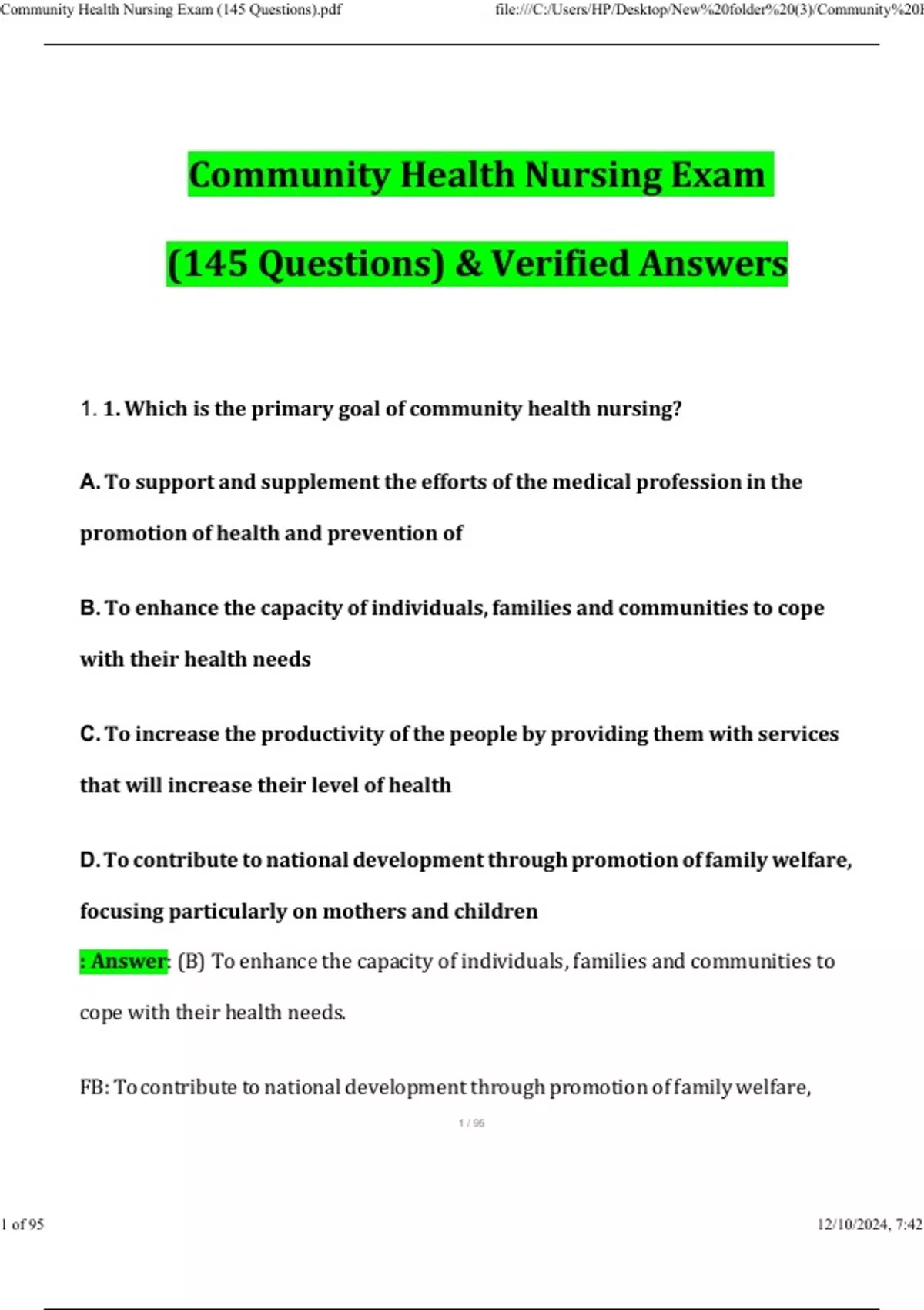 ATI Community Health Nursing Exam (145 Questions) 2025 Newest Questions ...
