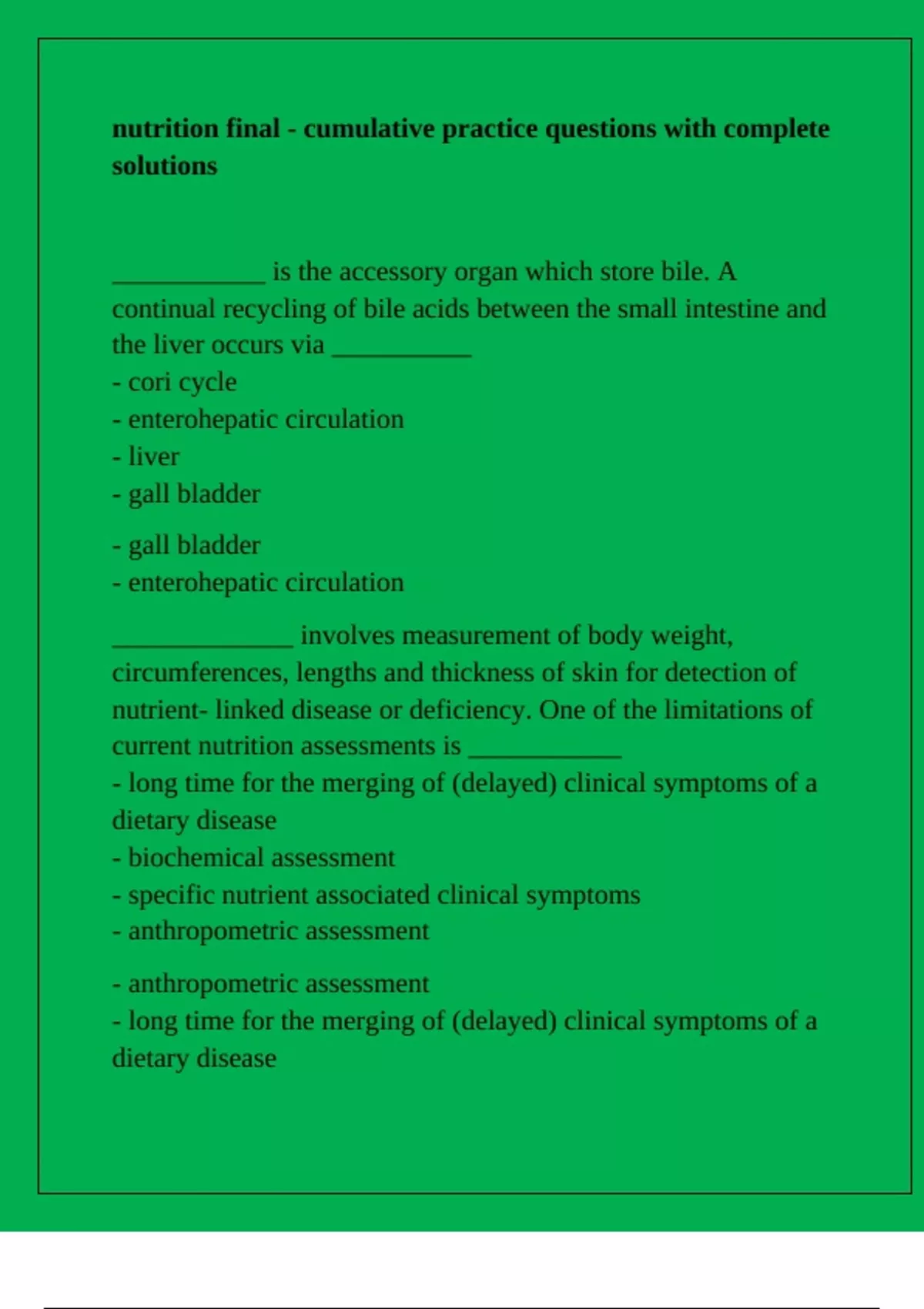 nutrition final - cumulative practice questions with complete solutions ...