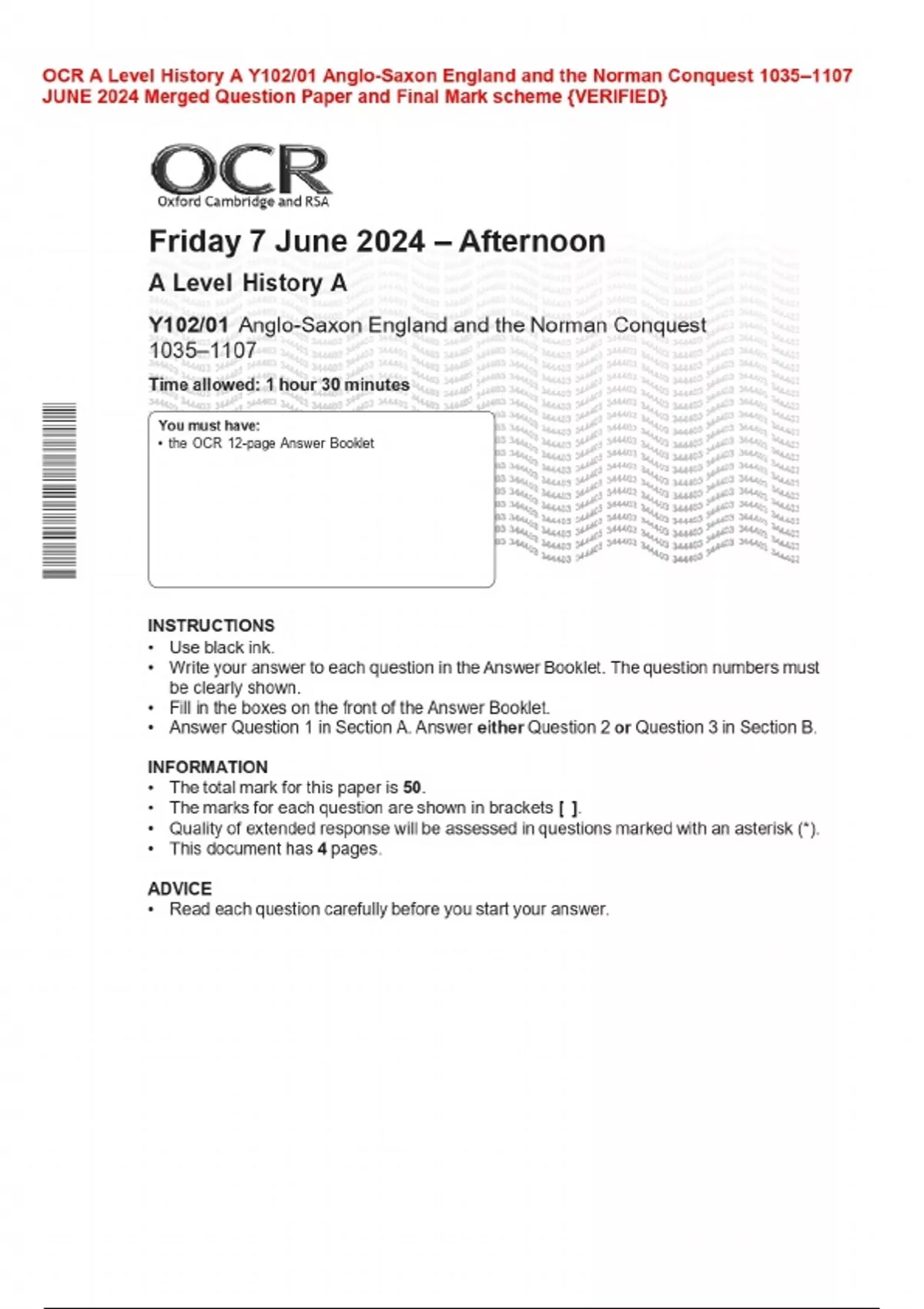 OCR A Level History A Y102/01 Anglo-Saxon England and the Norman Conquest 1035–1107 JUNE 2024 ...