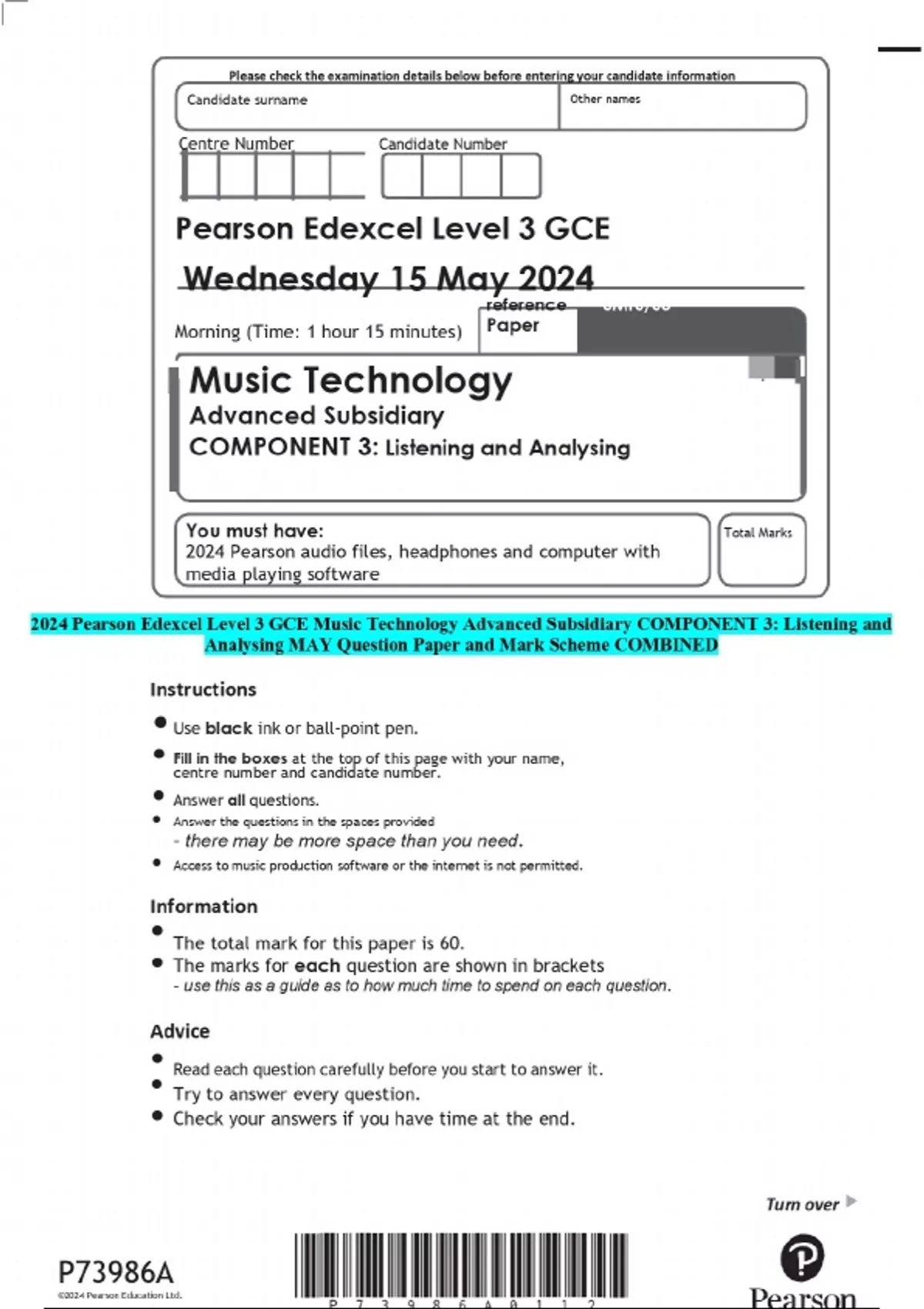 2024 Pearson Edexcel Level 3 GCE Music Technology Advanced Subsidiary ...