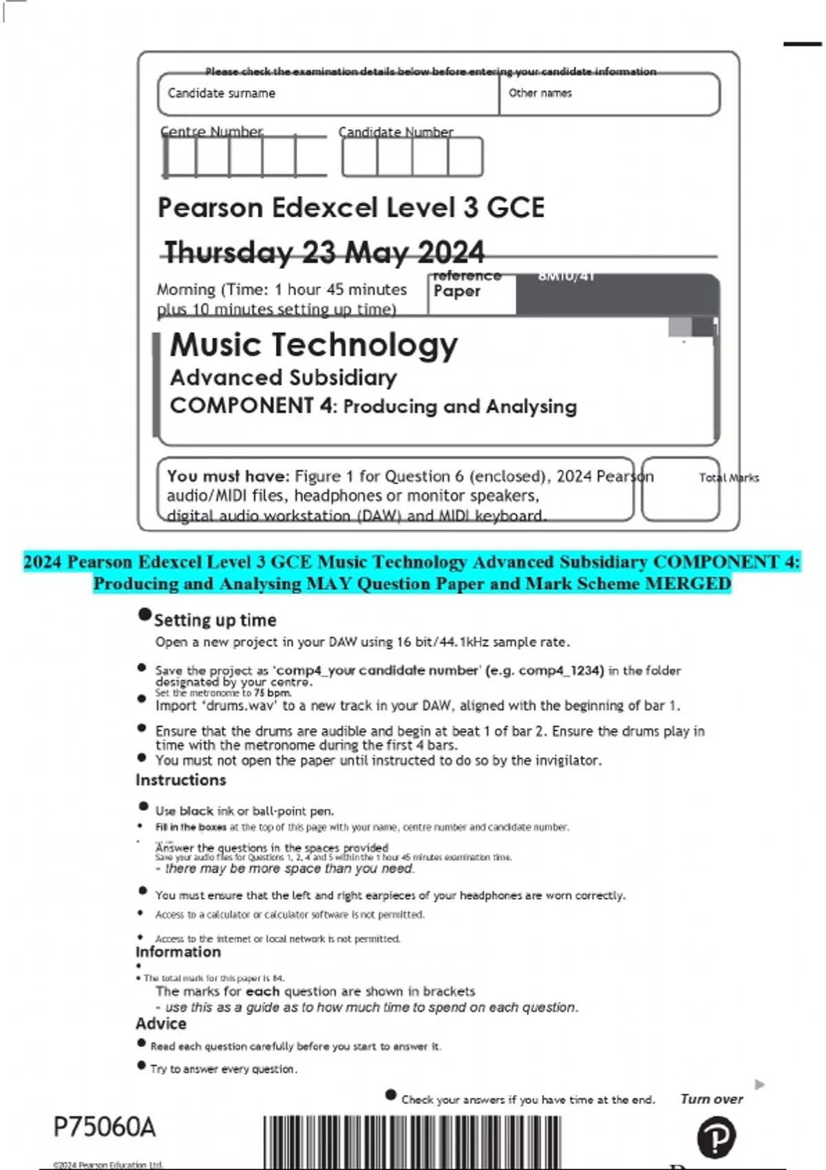 2024 Pearson Edexcel Level 3 GCE Music Technology Advanced Subsidiary ...