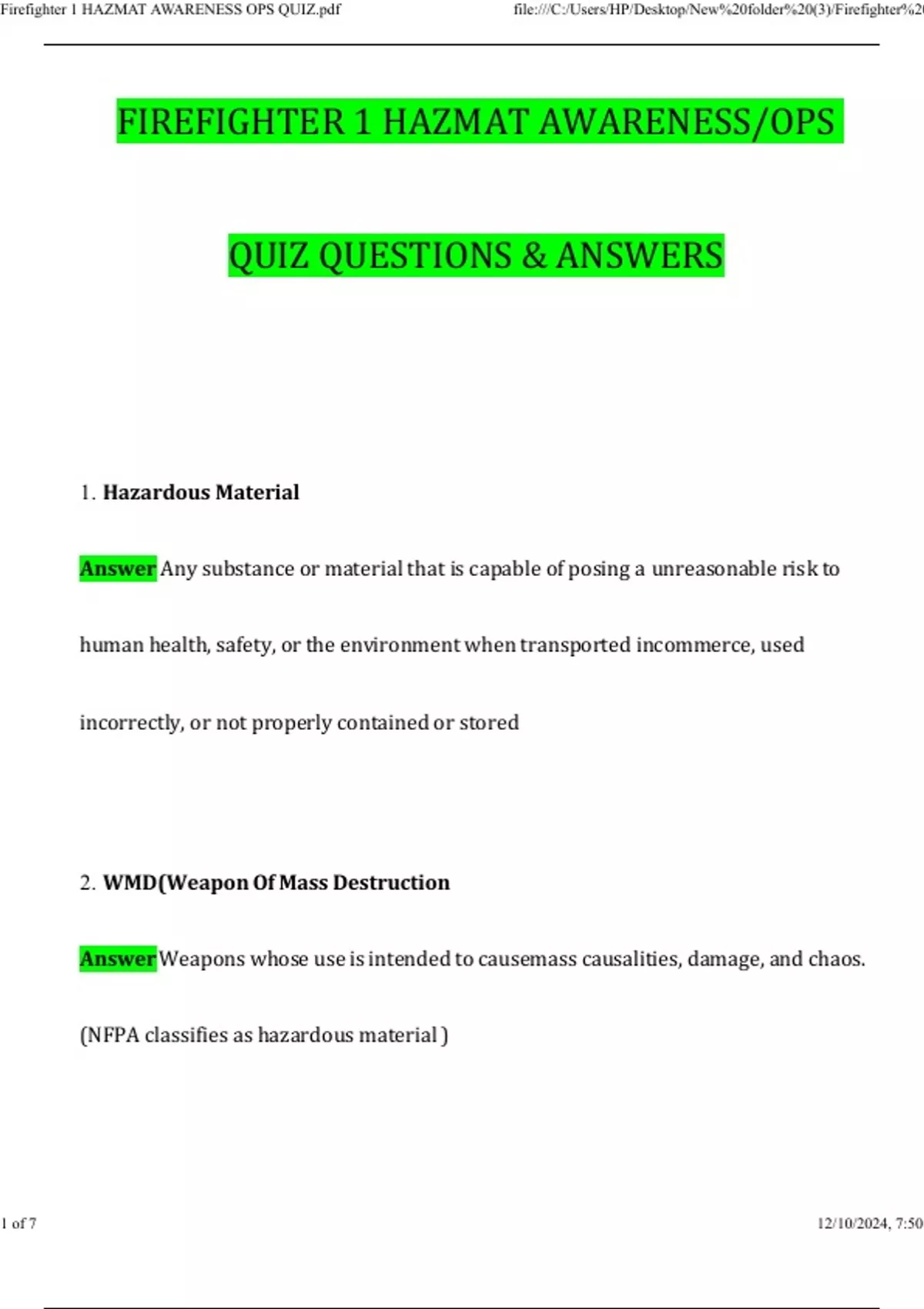 Firefighter 1 HAZMAT AWARENESS OPS QUIZ 2025 Newest Questions & Answers ...