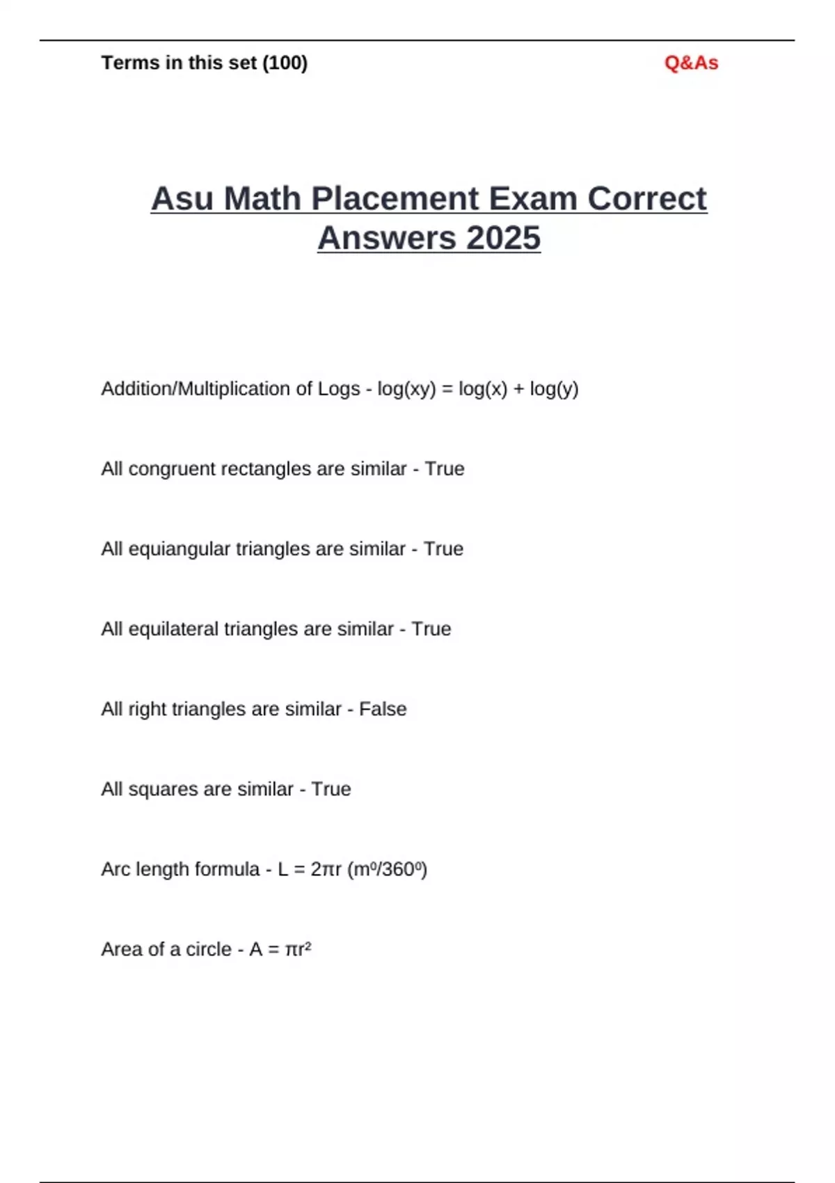 Asu Math Placement Exam Correct Answers 2025 - Math Placement - Stuvia US