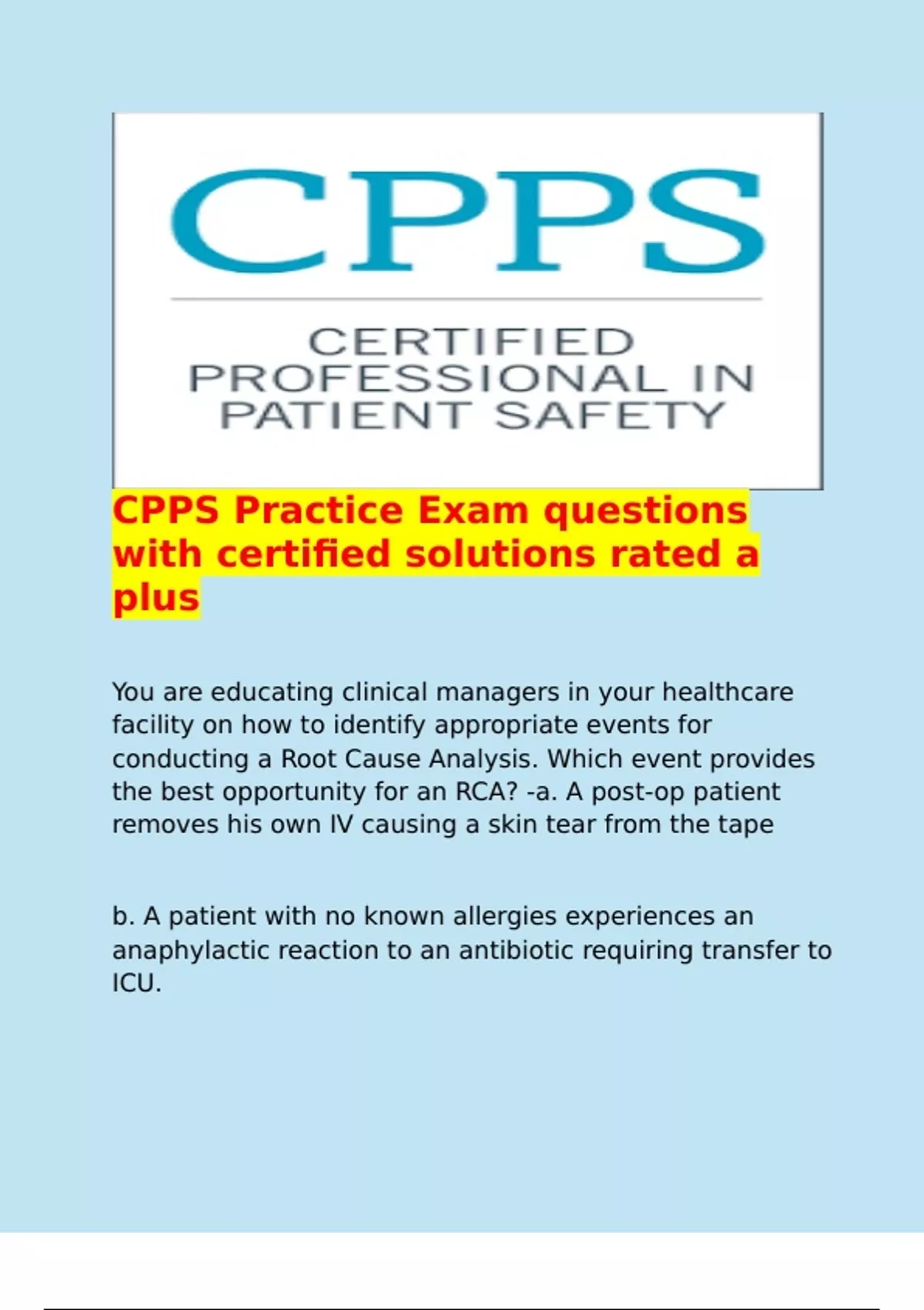 CPPS Practice Exam questions with certified solutions rated a plus You ...
