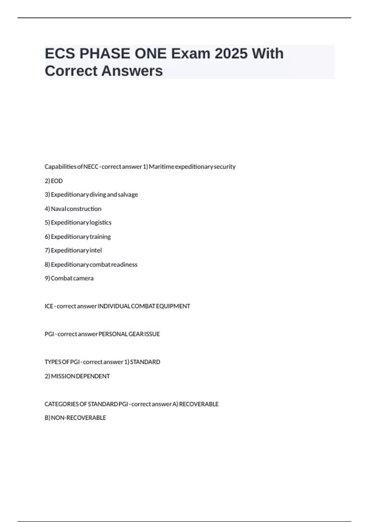 ECS PHASE ONE Exam 2025 With Correct Answers - ECS - Stuvia US