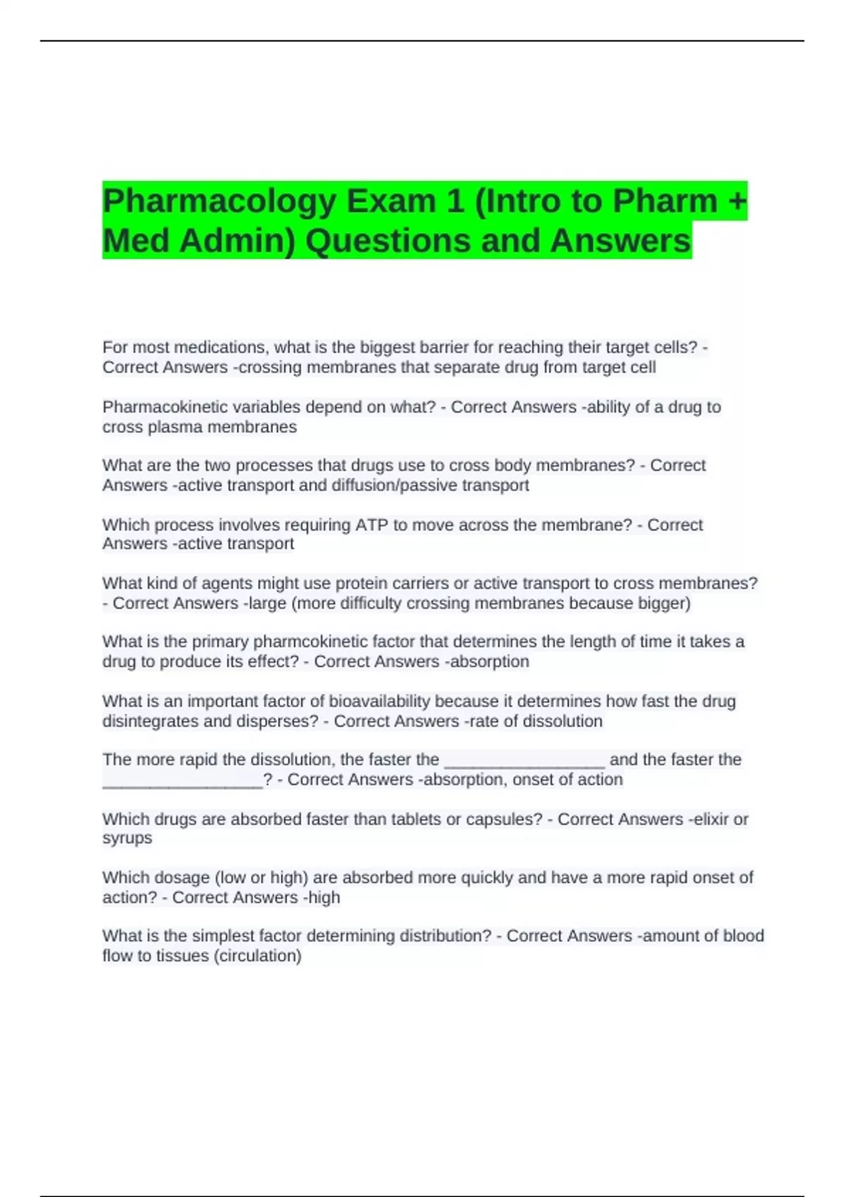 Pharmacology Exam 1 (Intro to Pharm + Med Admin) Questions and Answers ...