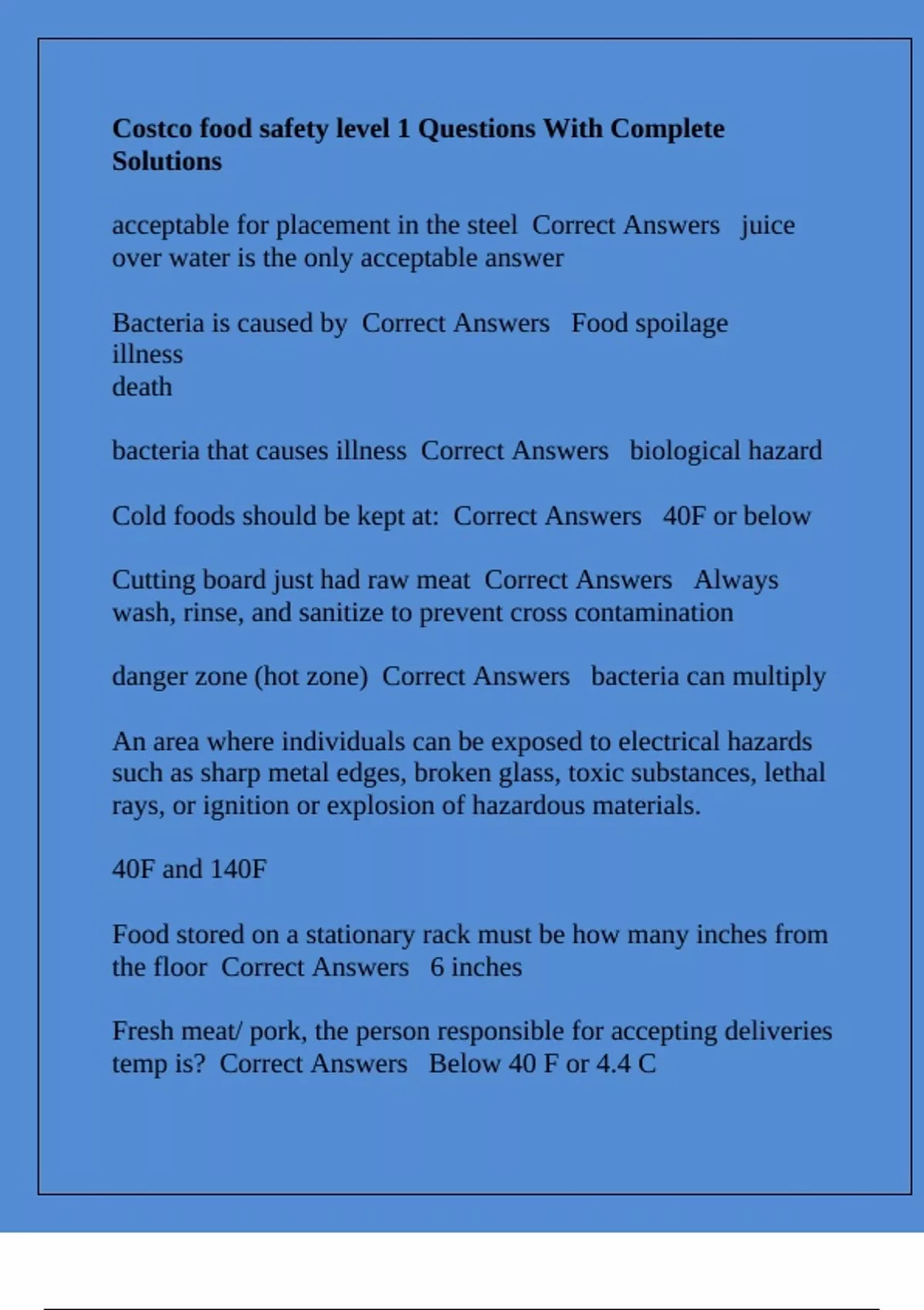 Costco food safety level 1 Questions With Complete Solutions - Costco ...