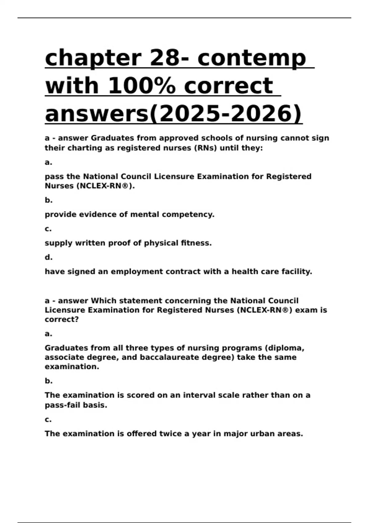chapter 28- contemp with 100- correct answers(). - NCLEX Licensure and Regulation - Stuvia US