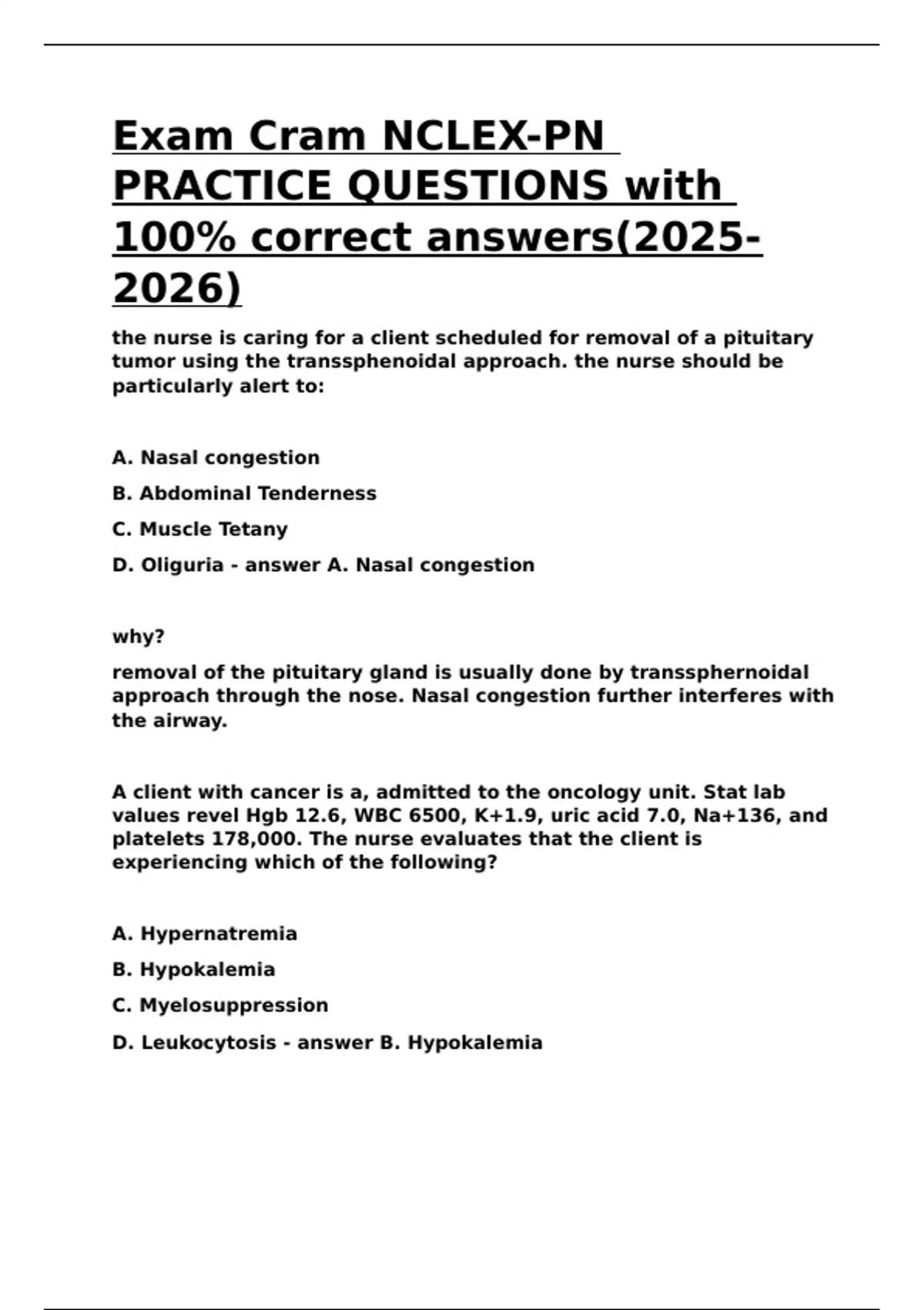 Exam Cram NCLEX-PN PRACTICE QUESTIONS with 100- correct answers ...