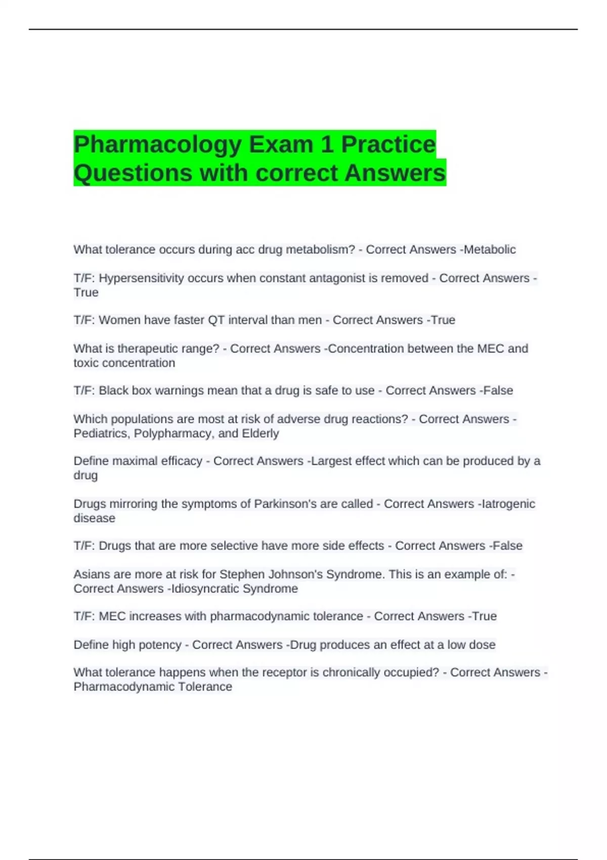 Pharmacology Exam 1 Practice Questions with correct Answers 2025 ...
