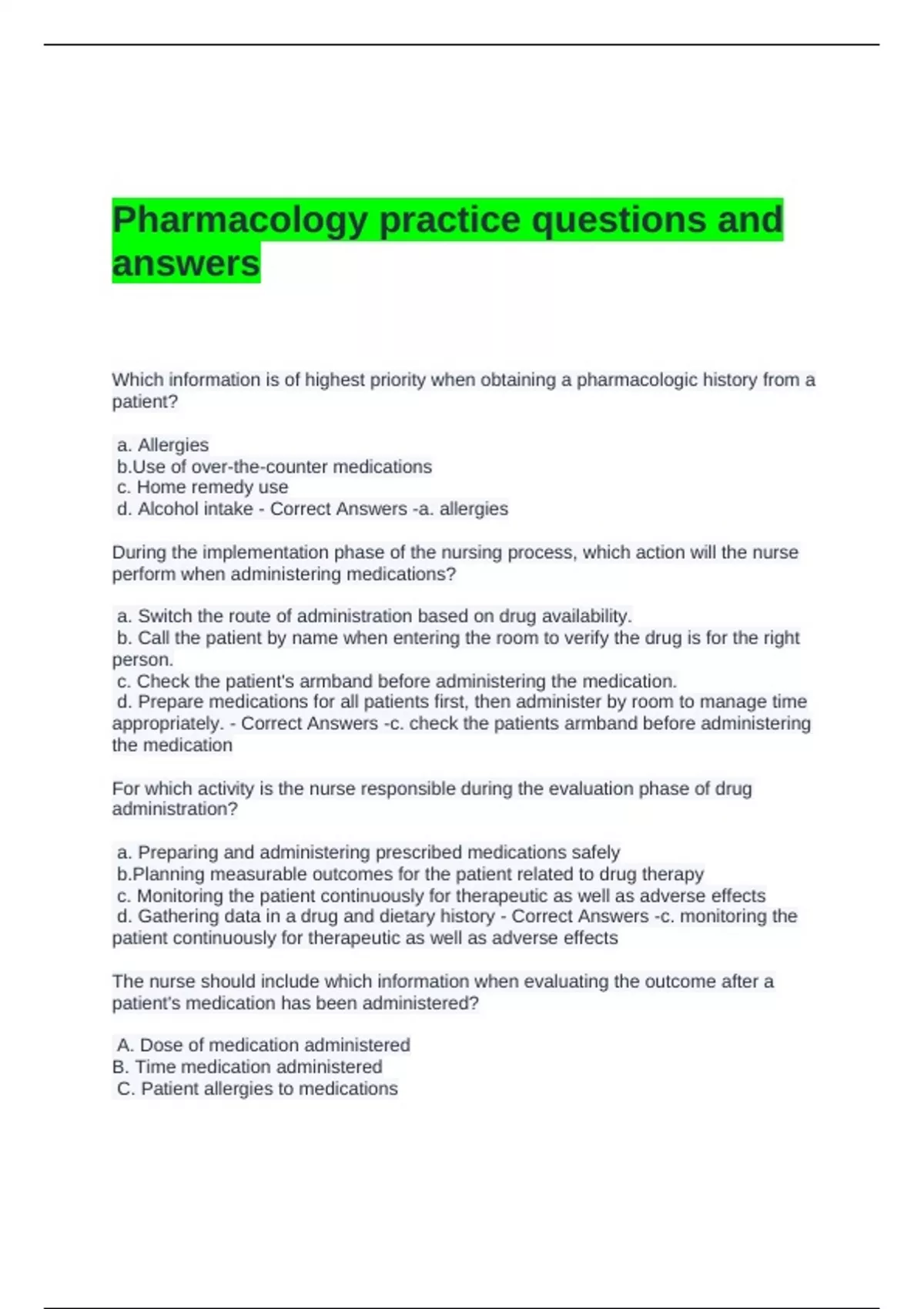 Pharmacology practice questions and answers - Pharmacology - Stuvia US