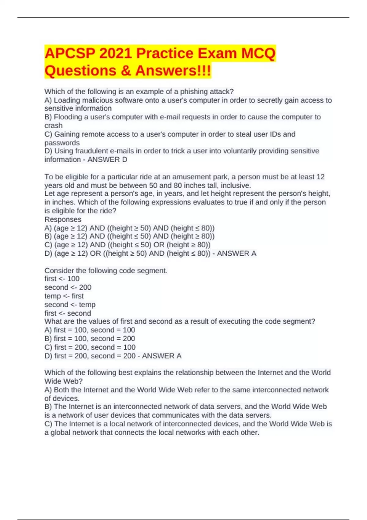 APCSP 2021 Practice Exam MCQ Questions & Answers!!! - APCSP - Stuvia US