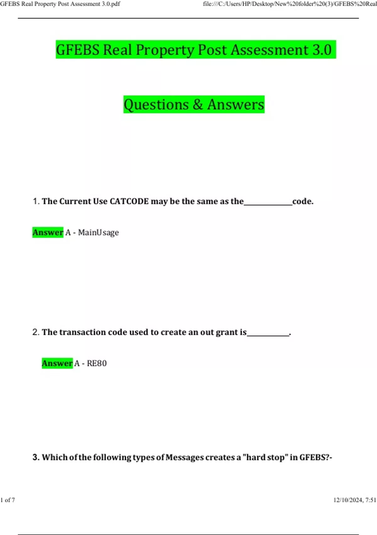 GFEBS Real Property Post Assessment 3.0 Exam 2025 Newest Questions ...