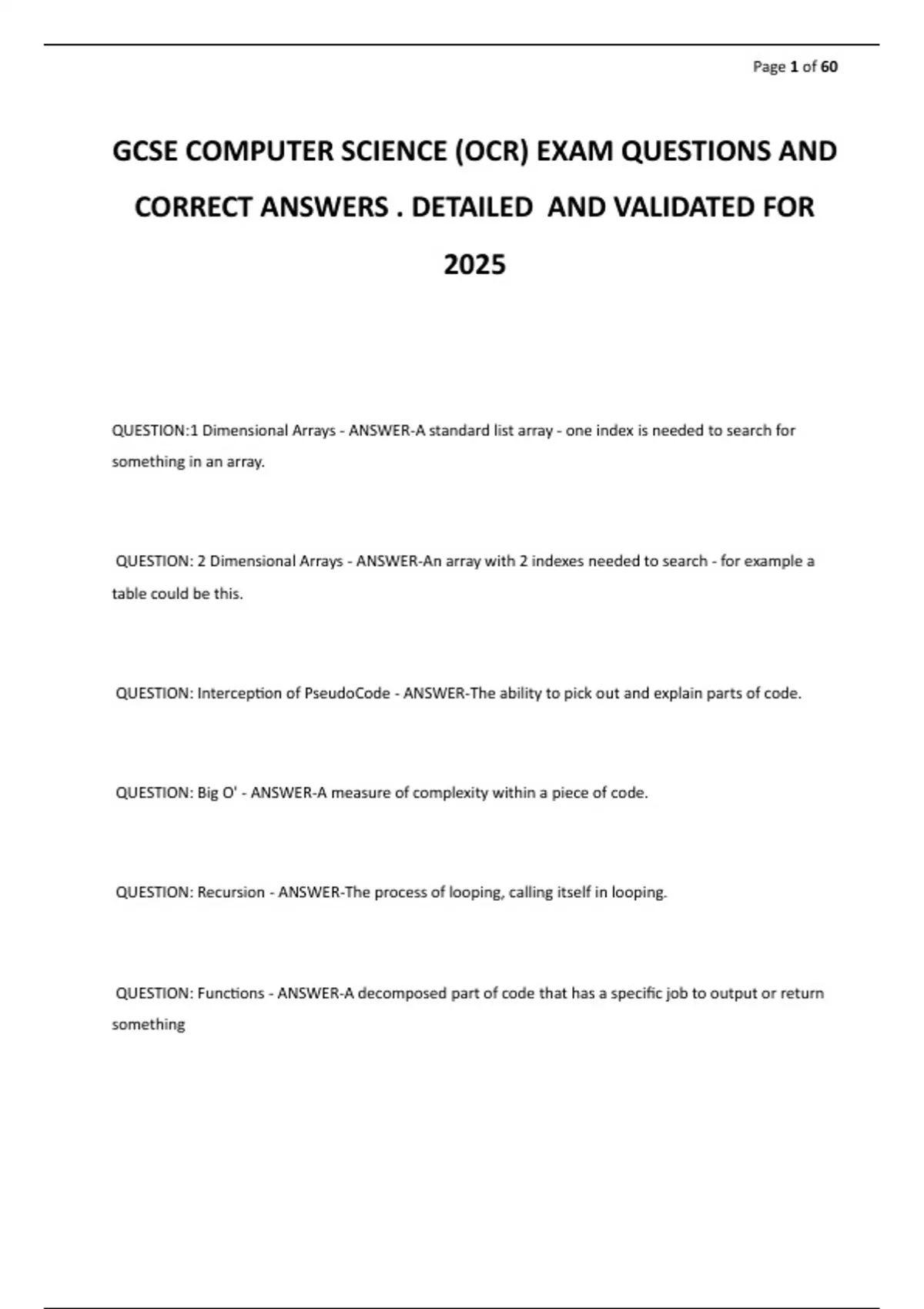 GCSE COMPUTER SCIENCE (OCR) EXAM QUESTIONS AND CORRECT ANSWERS ...