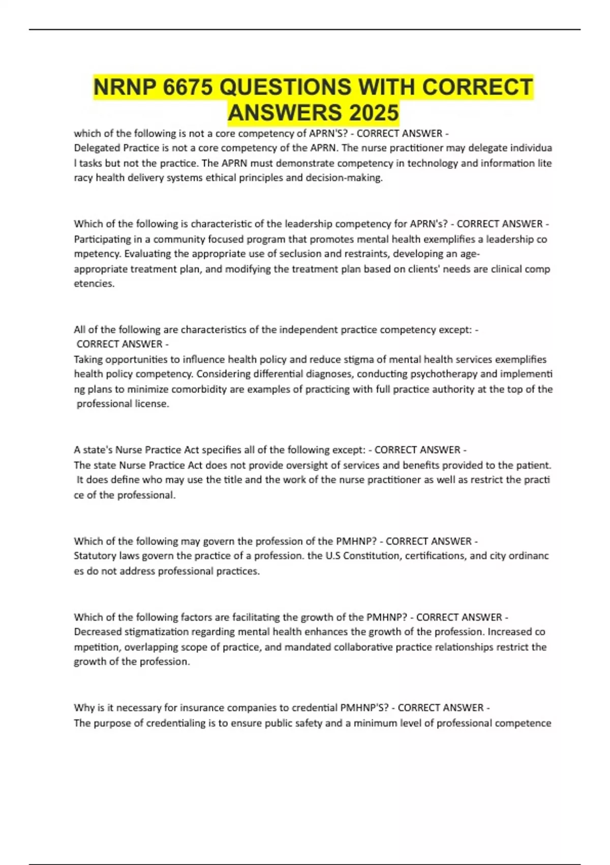 NRNP 6675 QUESTIONS WITH CORRECT ANSWERS 2025 - NRNP 6675 - Stuvia US