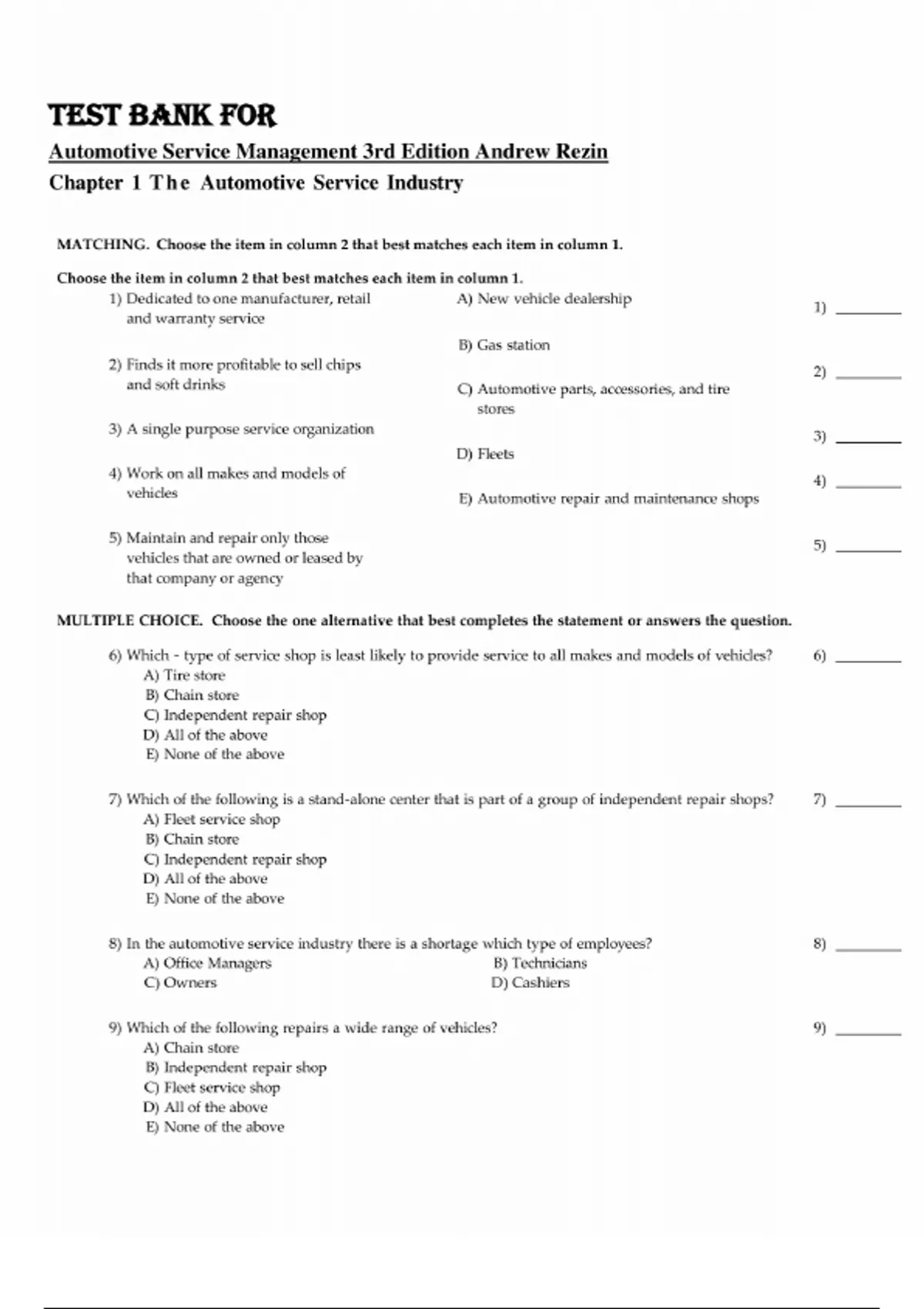 Test Bank for Automotive Service Management 3rd Edition,(Andrew Rezin ...