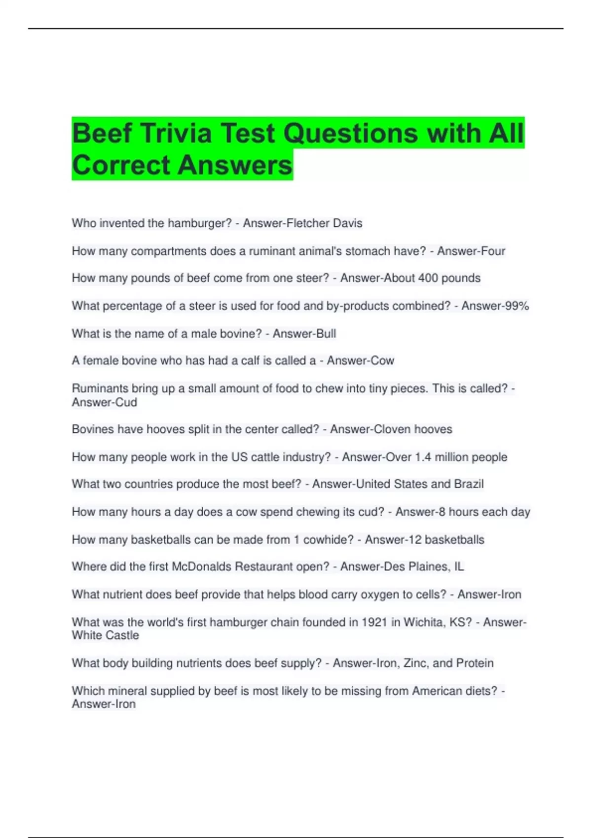 Beef Trivia Test Questions with All Correct Answers - Beef Trivia ...