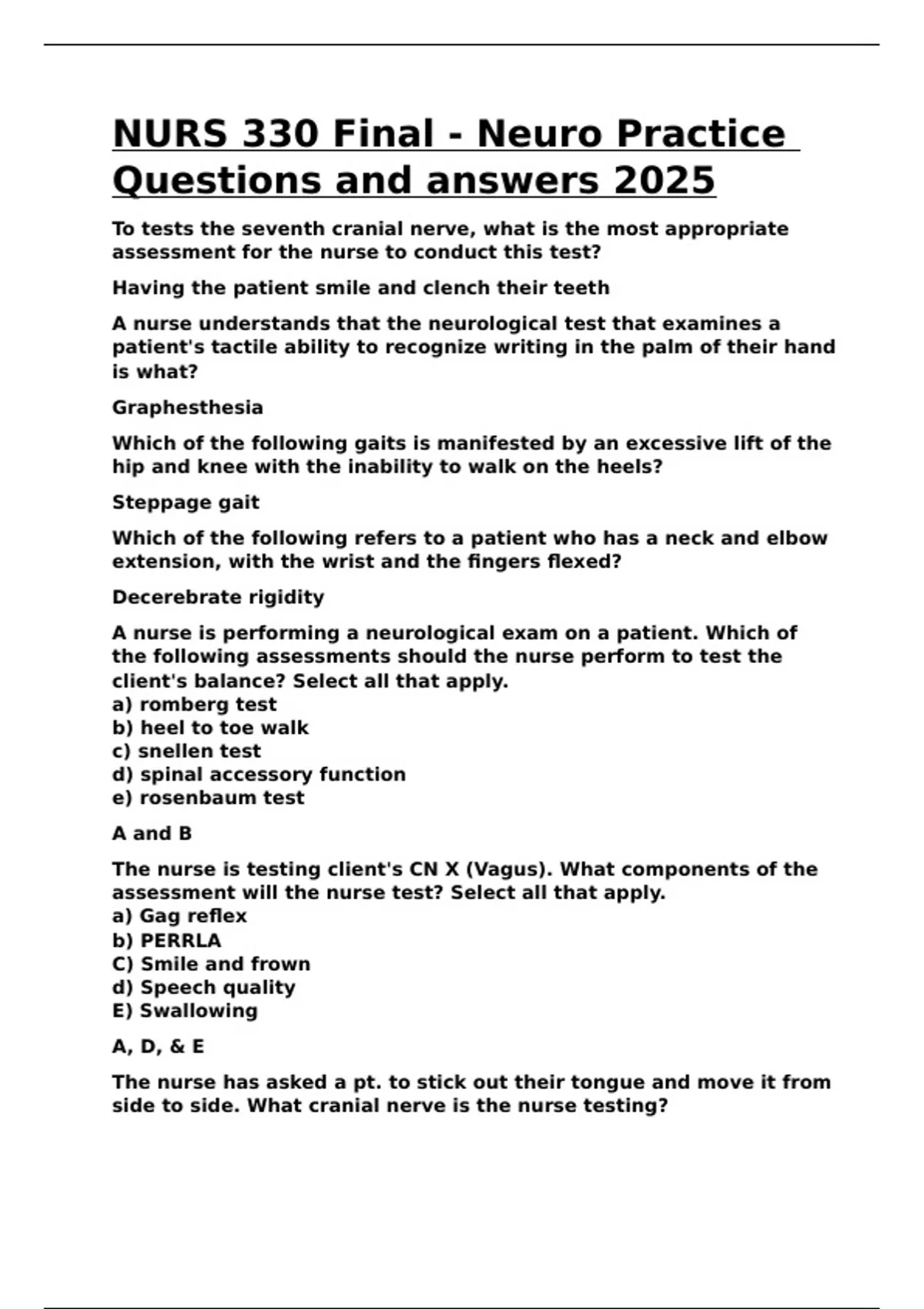 NURS 330 Final - Neuro Practice Questions and answers 2025. - NURS 330 ...