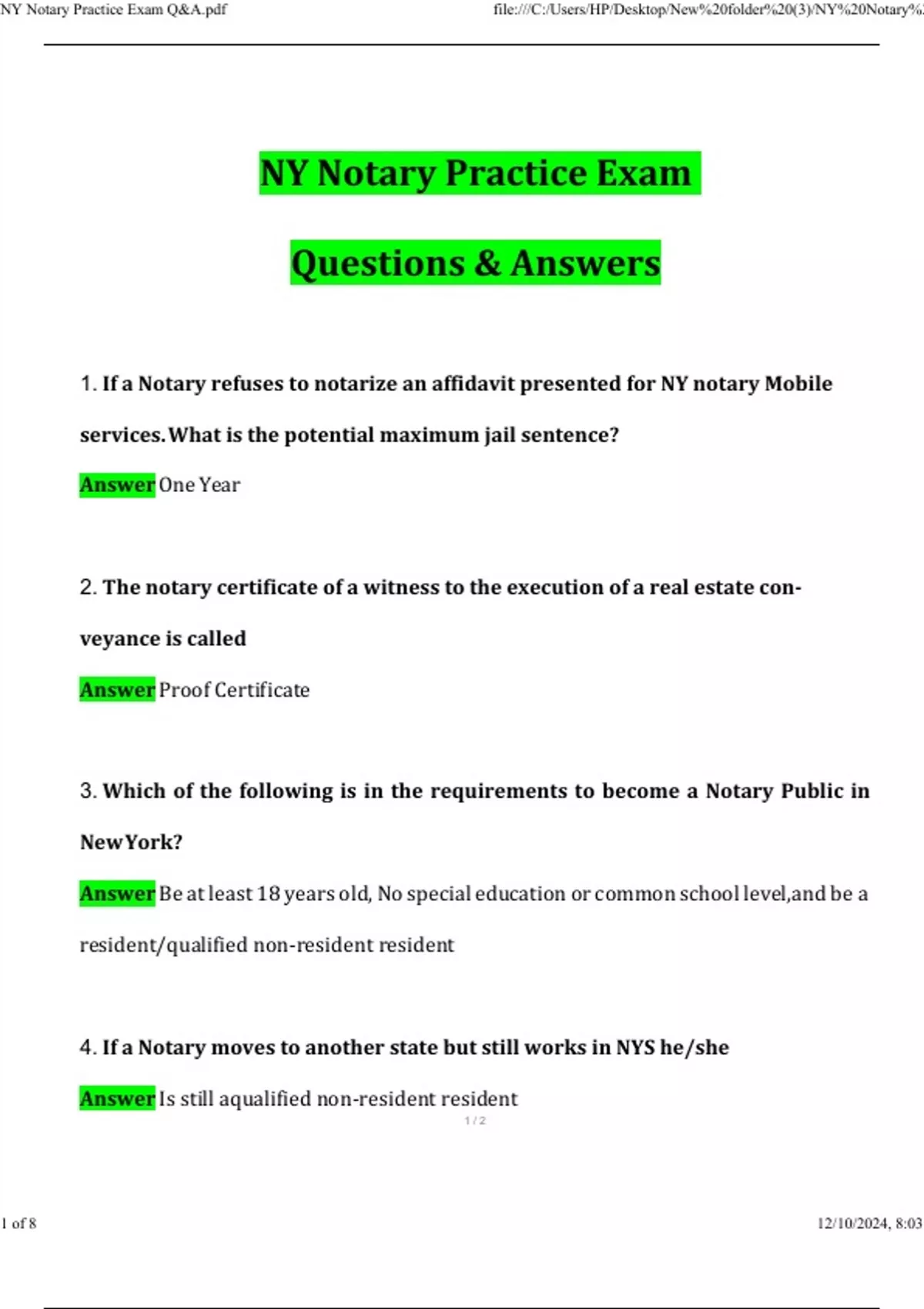 NY Notary Practice Exam 2025 Newest Questions & Answers 100% Correct ...