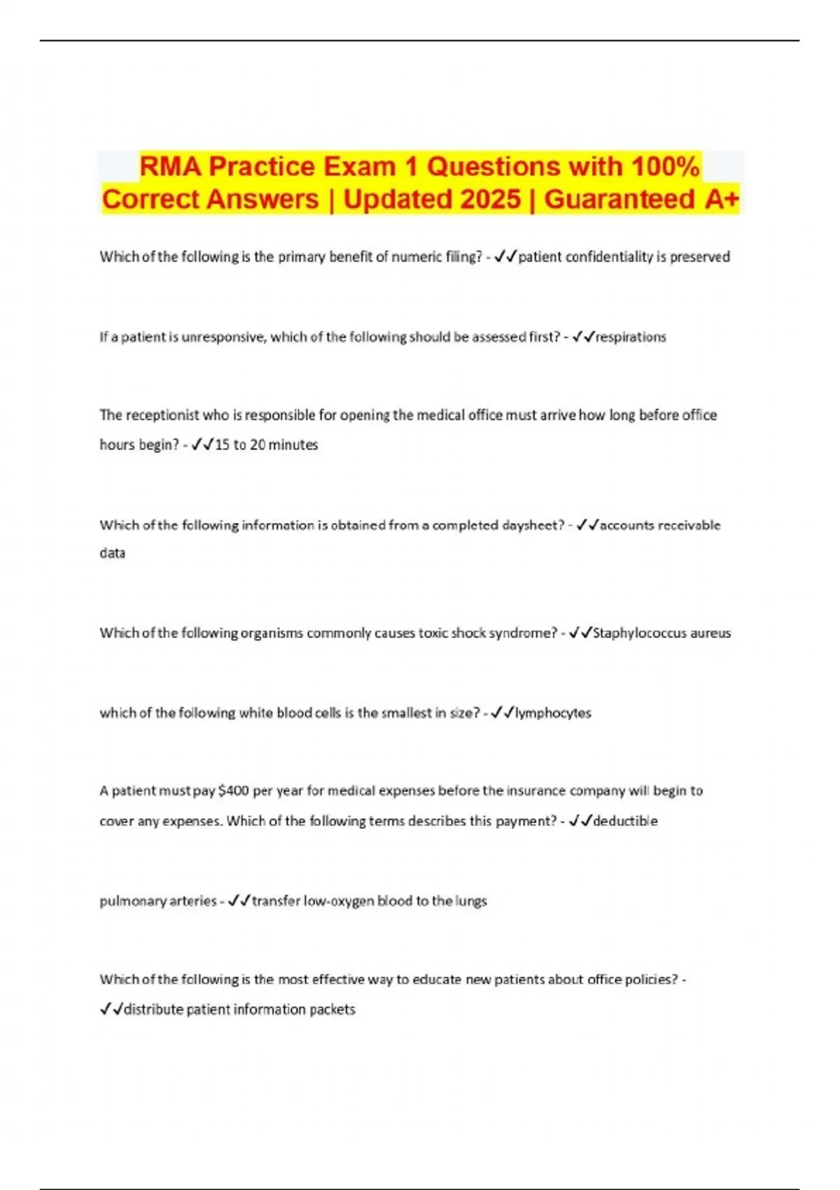 RMA Practice Exam 1 Questions with 100% Correct Answers | Updated 2025 ...