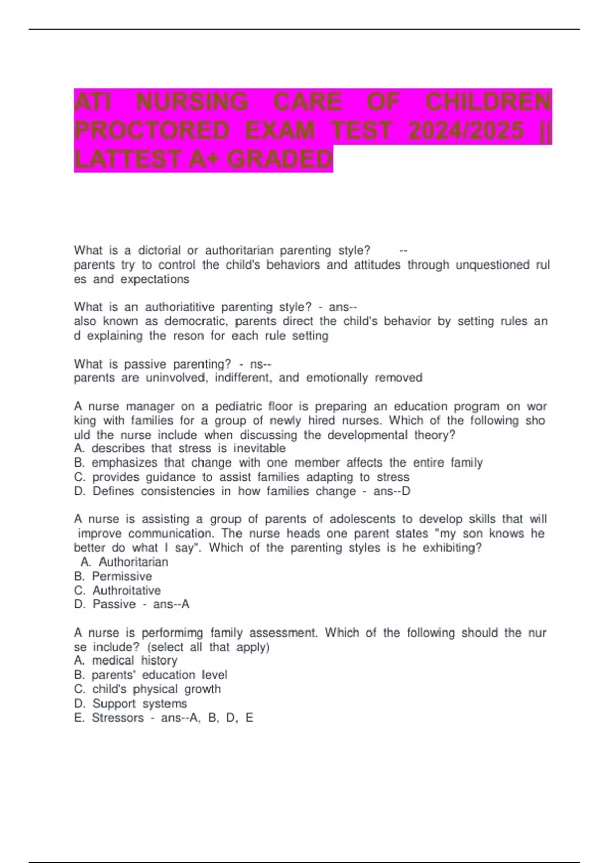 ATI NURSING CARE OF CHILDREN PROCTORED EXAM TEST 2024/2025 || 100% ...