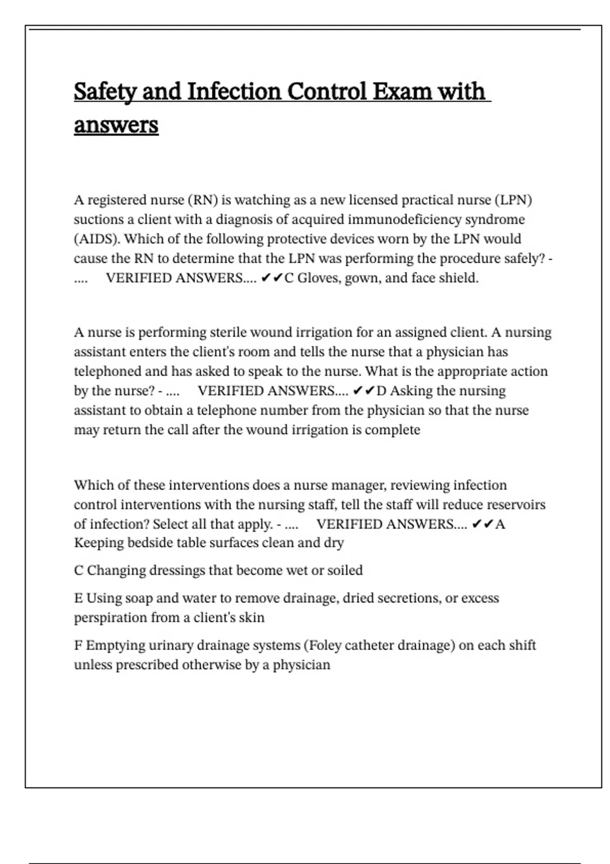 Safety and Infection Control Exam with answers - Safety and Infection ...