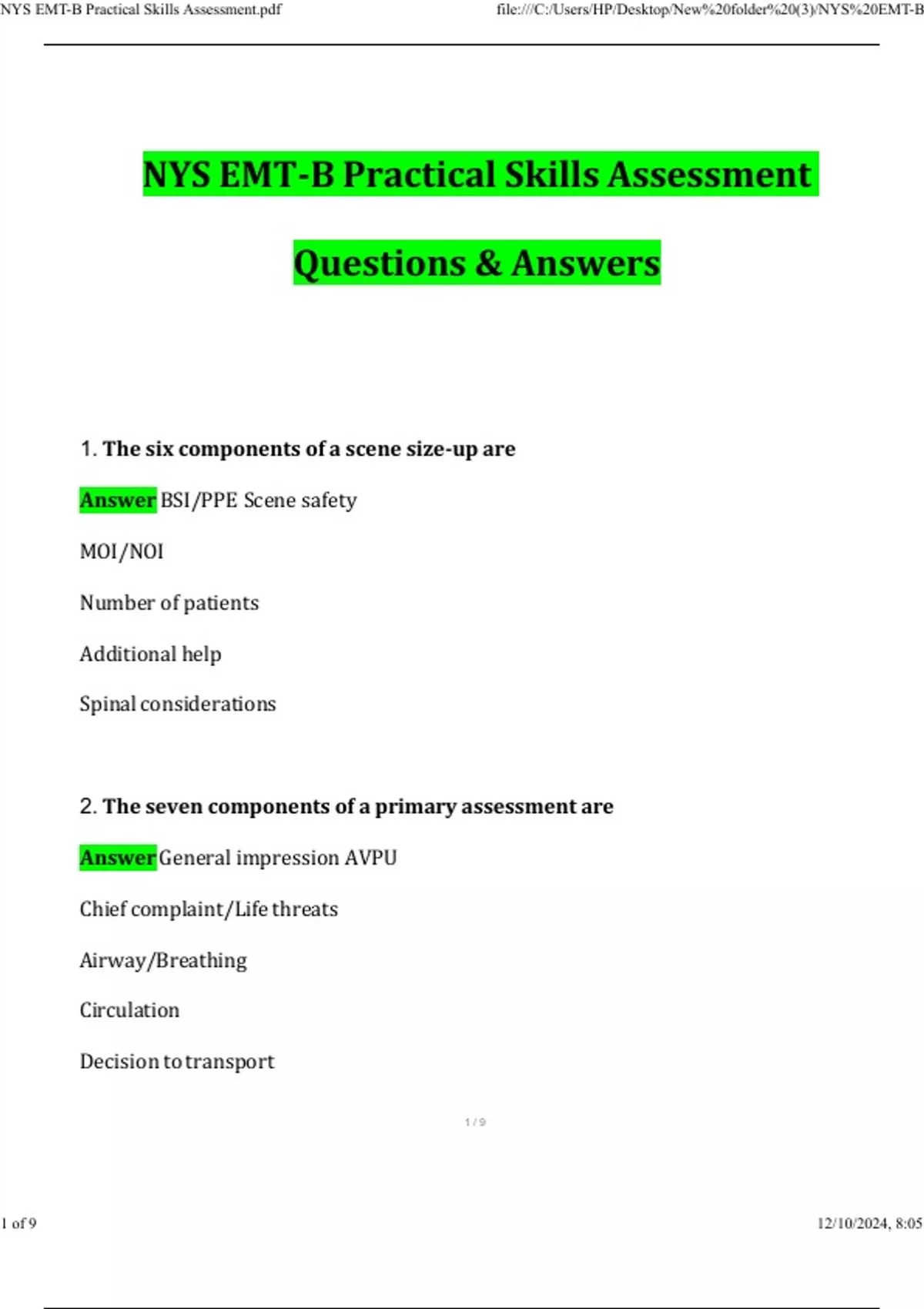NYS EMT-B Practical Skills Assessment Exam (2025) Newest Questions ...