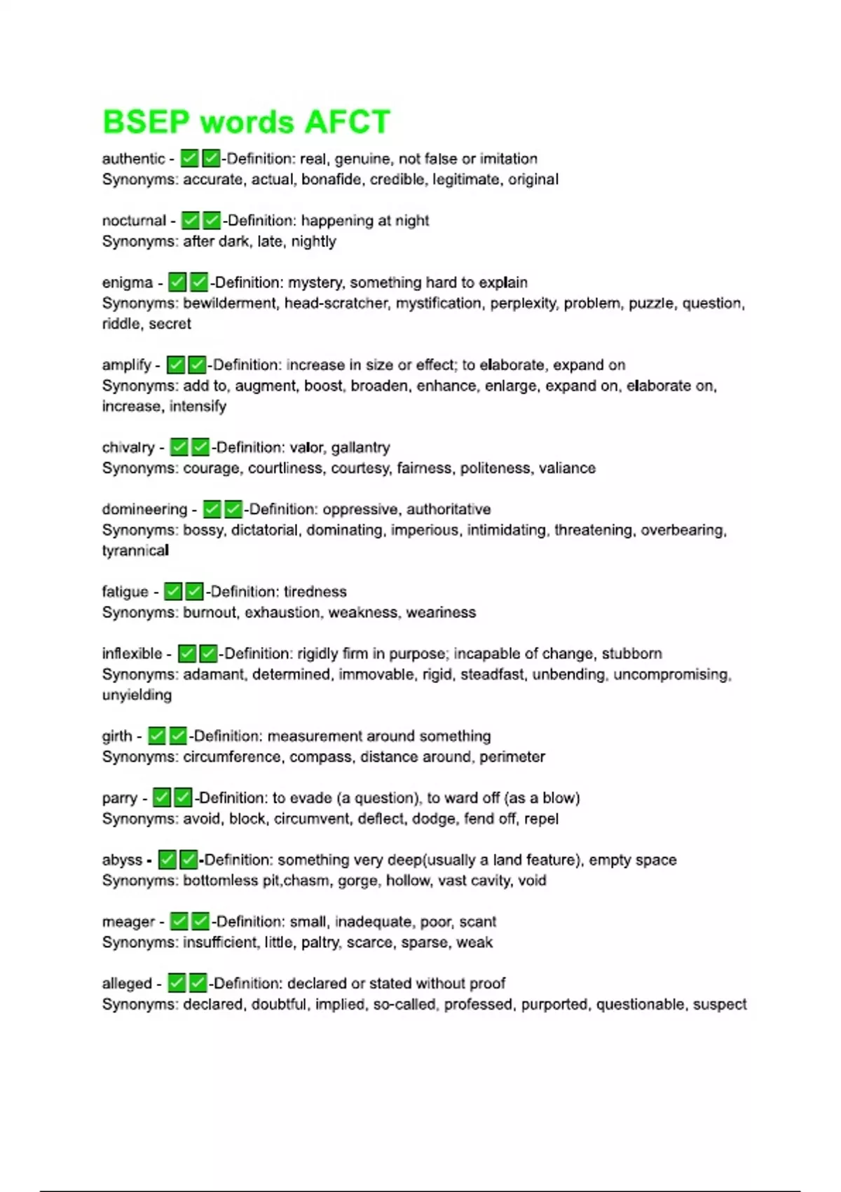 BSEP words AFCT, ( Questions)- (Exam Elaborations), (COMPLETE ANSWERS ...