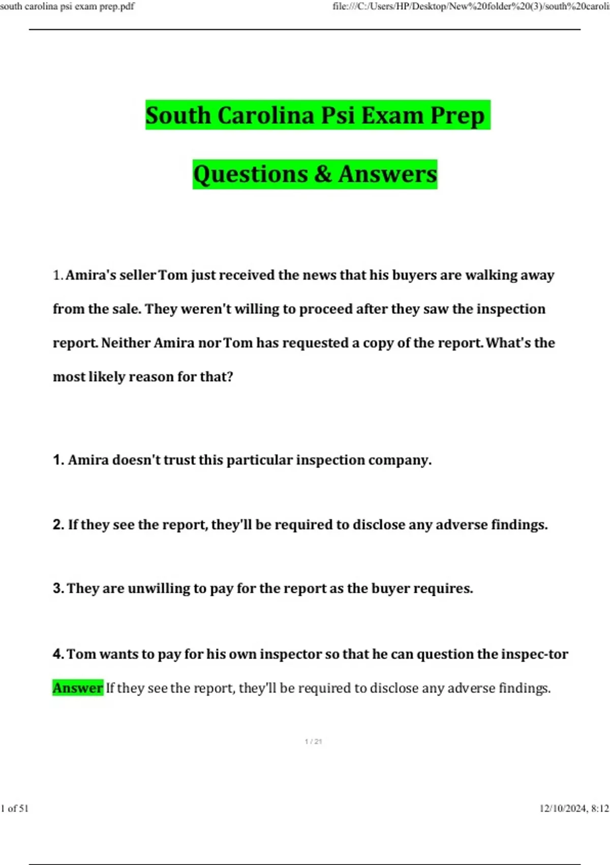 South Carolina PSI Exam Prep 2025 Newest Questions & Answers 100% ...