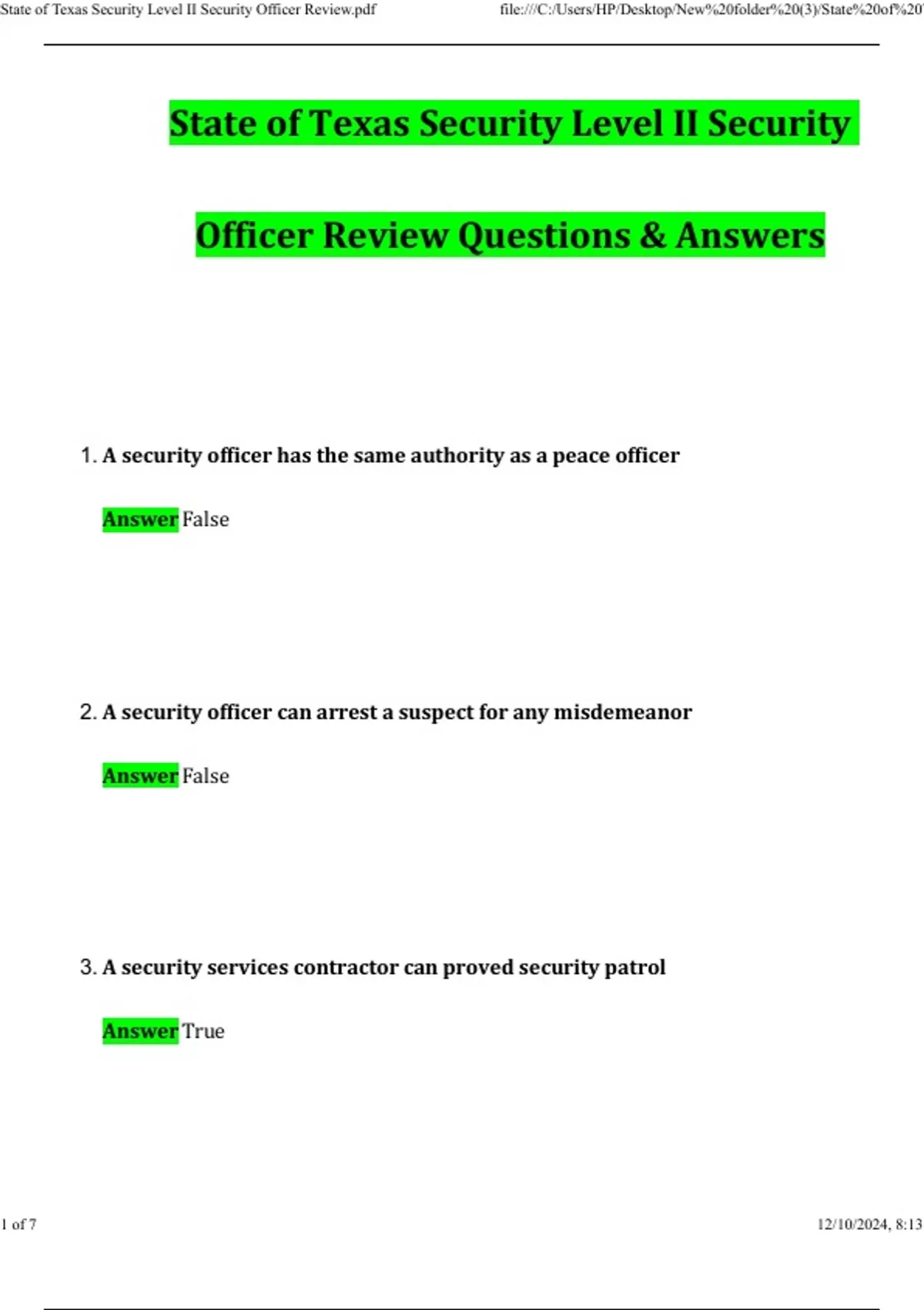 State of Texas Security Level II Security Officer Review 2025 Newest ...