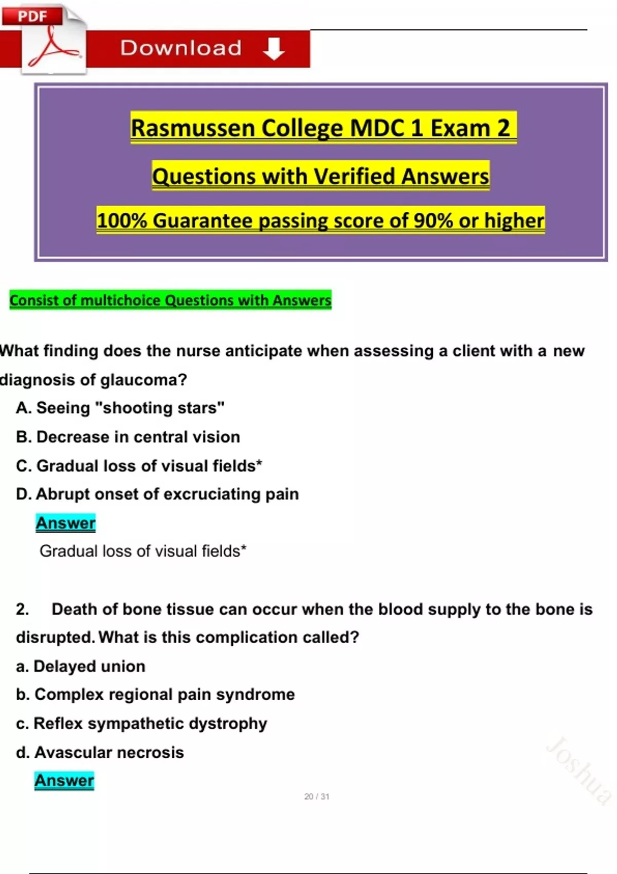 NUR 2356 / NUR2356: MDC 1 Exam 1 + MDC 1 Exam 2 + Final Exam: ALL IN ...