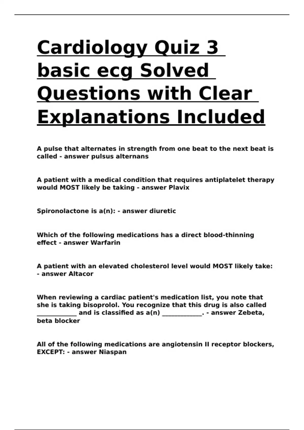 Cardiology Quiz 3 basic ecg Solved Questions with Clear Explanations ...