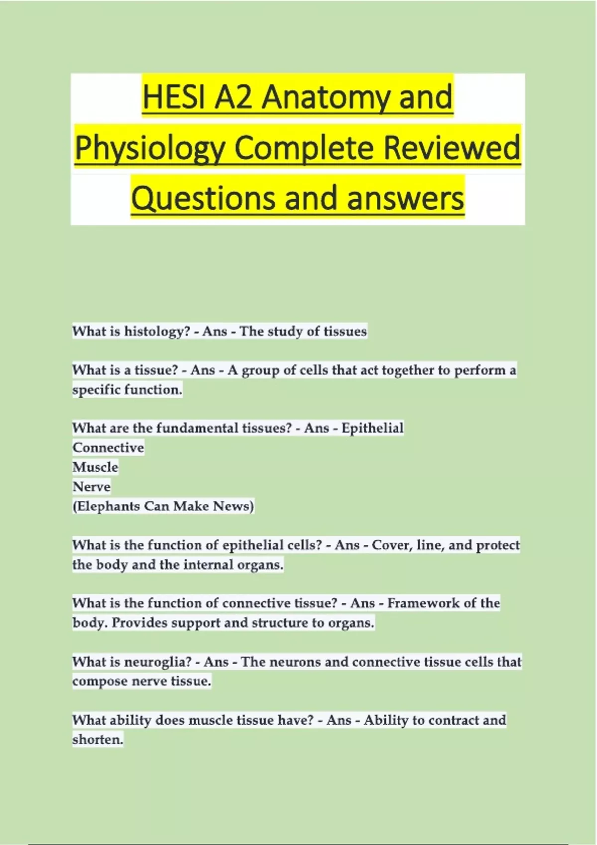 HESI A2 Anatomy and Physiology Complete Reviewed Questions and answers ...