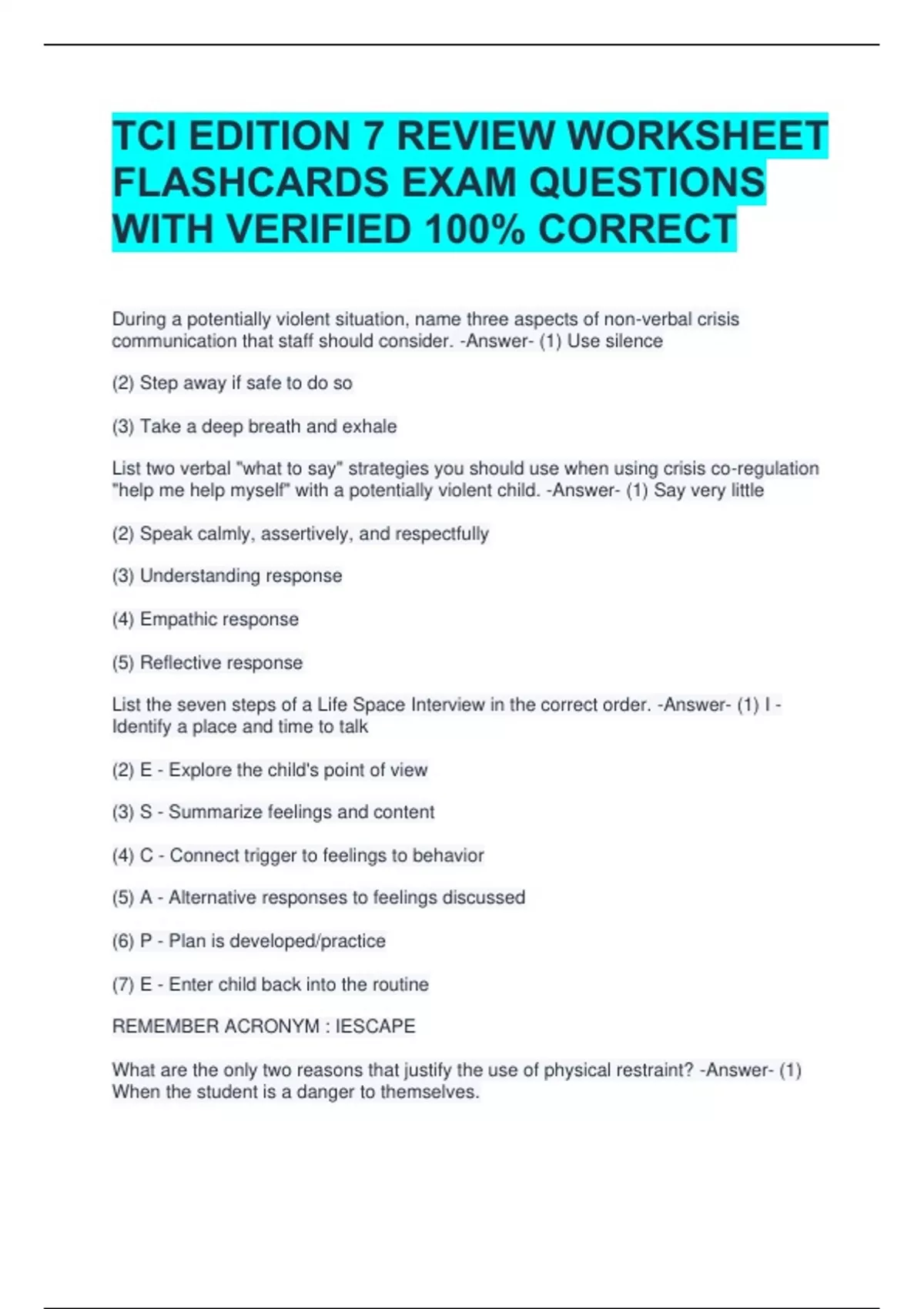 TCI EDITION 7 REVIEW WORKSHEET FLASHCARDS EXAM QUESTIONS WITH VERIFIED ...